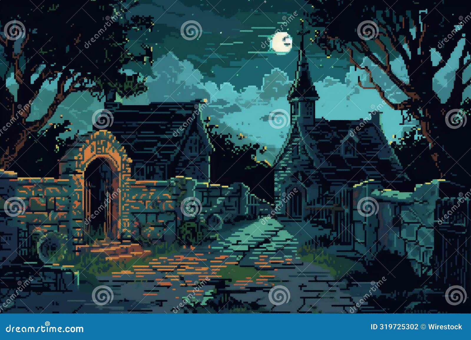 A Pixel Artwork Scene with a Graveyard in the Foreground Stock Photo ...