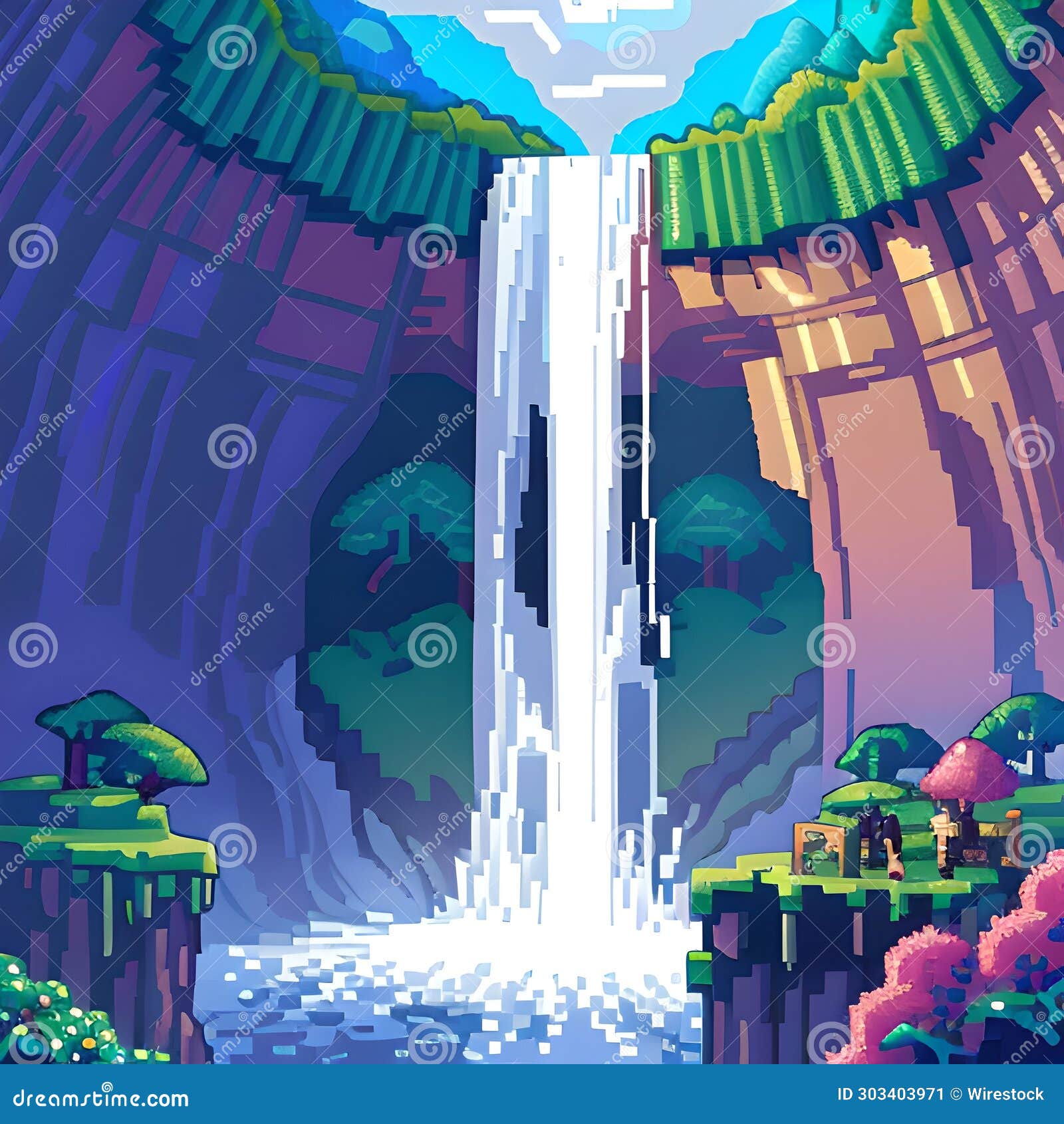 AI-generated Illustration of a Pixel Art Waterfall Surrounded by Lush ...