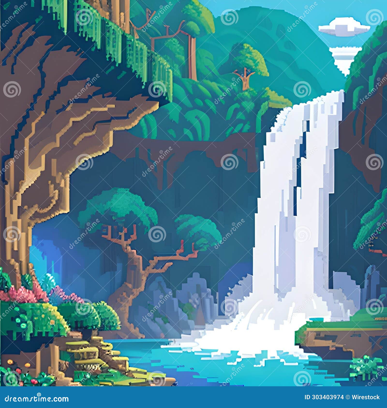 AI-generated Illustration of a Pixel Art Waterfall Surrounded by Lush ...