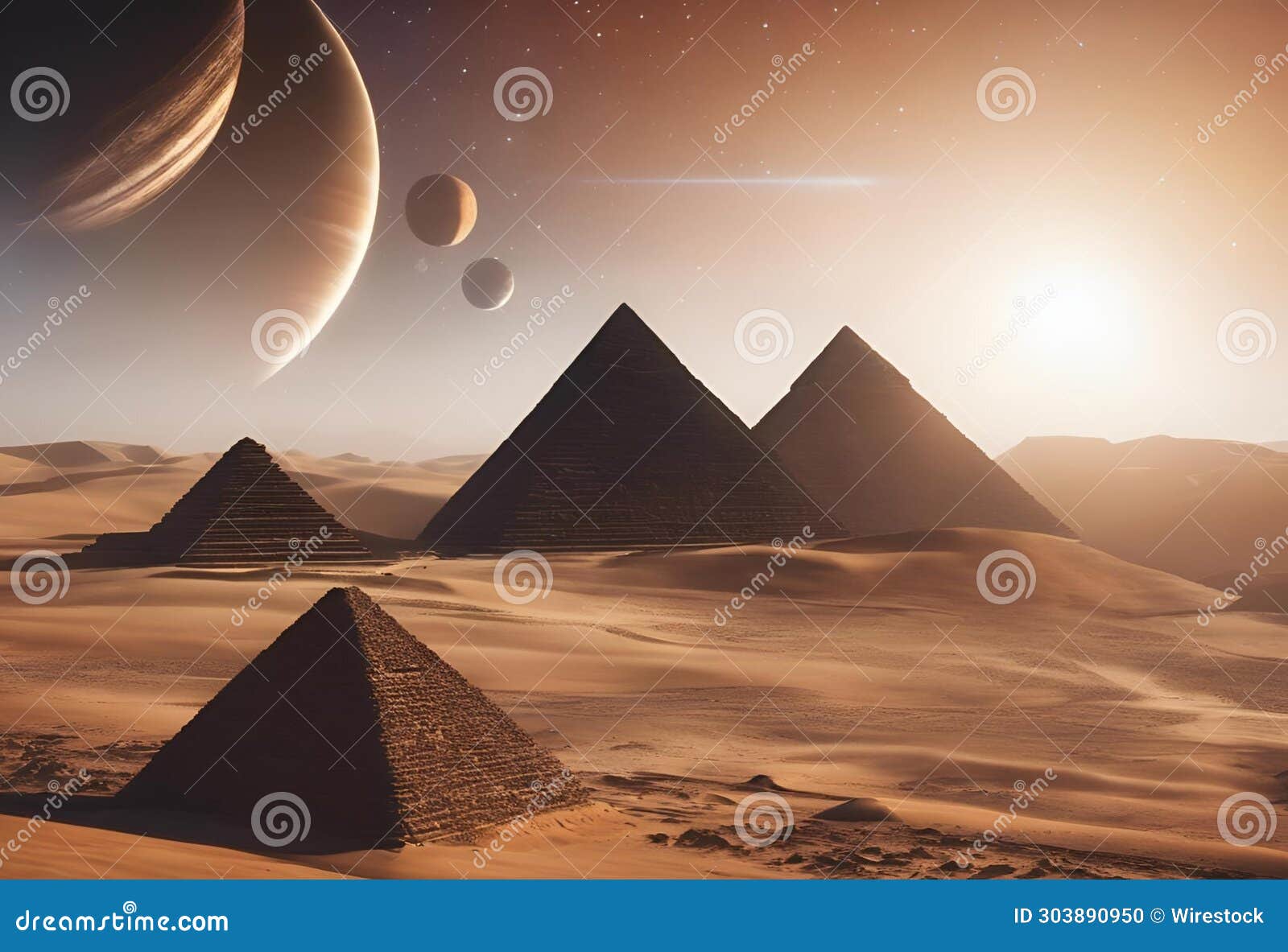 Some Planets in the Background with a Sand Dune and Pyramids Stock ...