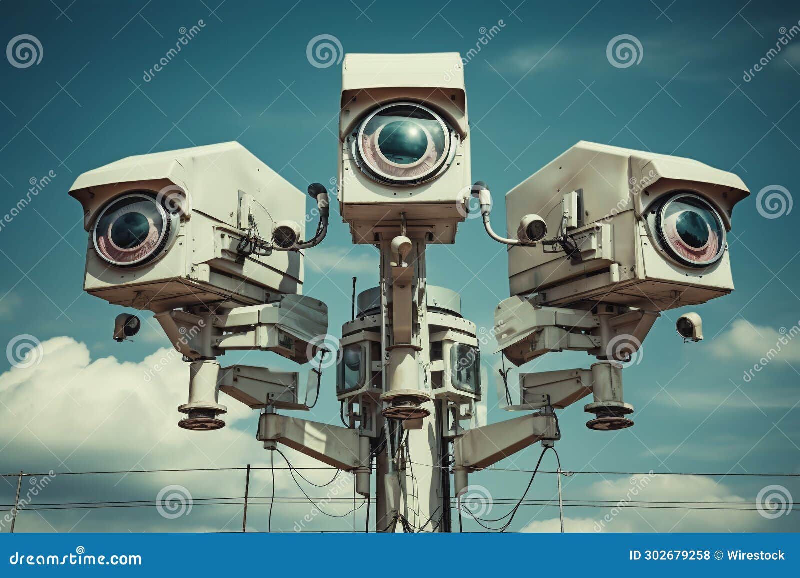 AI Generated Illustration of a Pole with a Stack of Cameras Mounted on ...