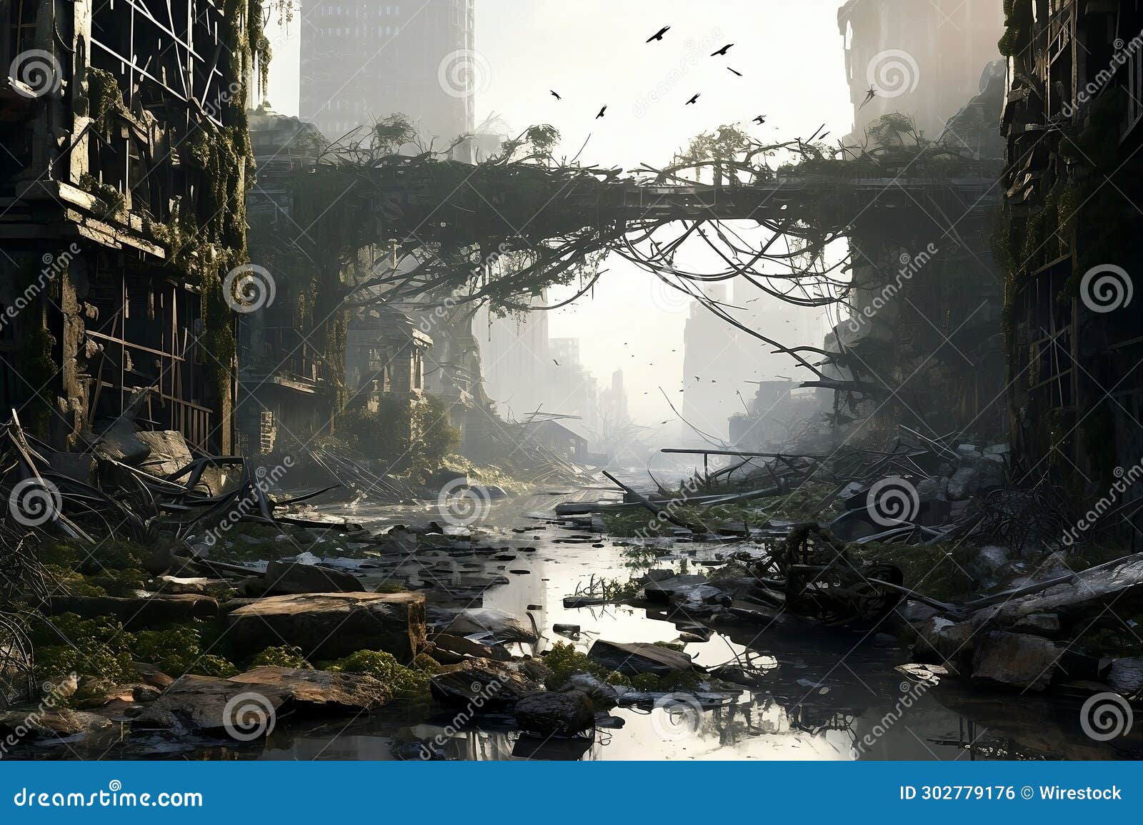 AI Generated Illustration of a Post-apocalyptic Cityscape, with Broken ...