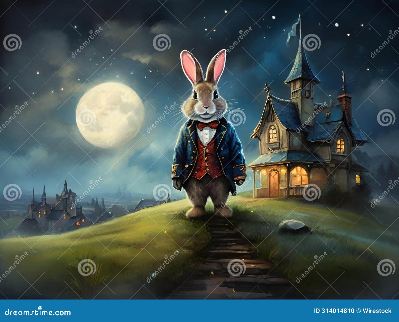 AI Generated Illustration of a Rabbit in Clothes Strolls Past a Castle ...