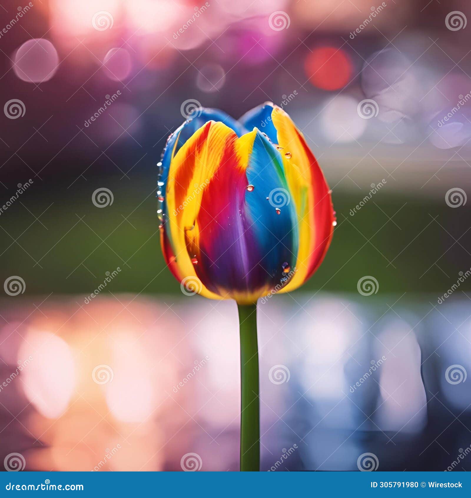 AI Generated Illustration of a Rainbow Tulip with Tiny Drops of Water ...
