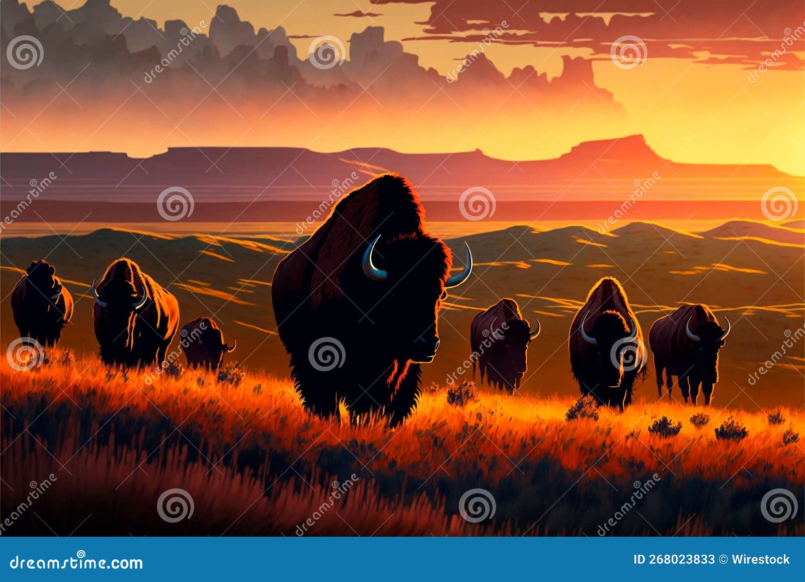 AI Generated Illustration of Realistic Flock of Bison Walking in the ...