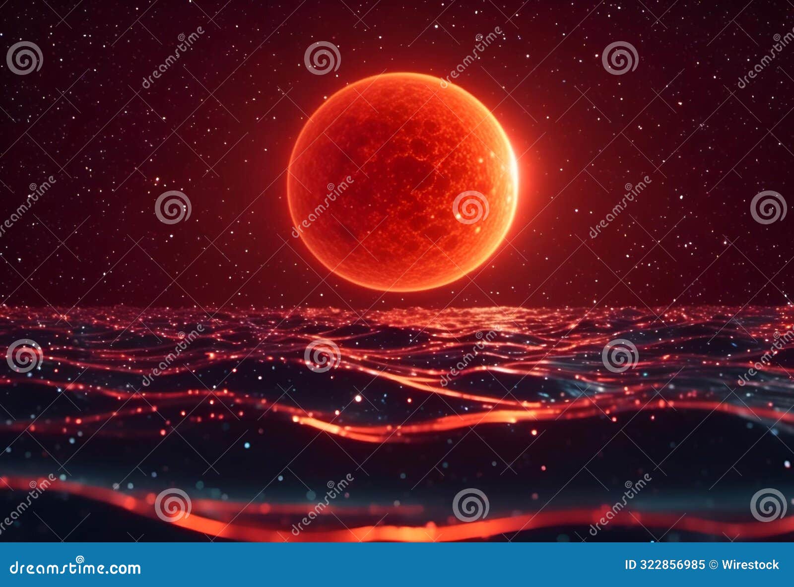 AI Generated Illustration of a Red Blood Moon Reflecting on the Water S ...