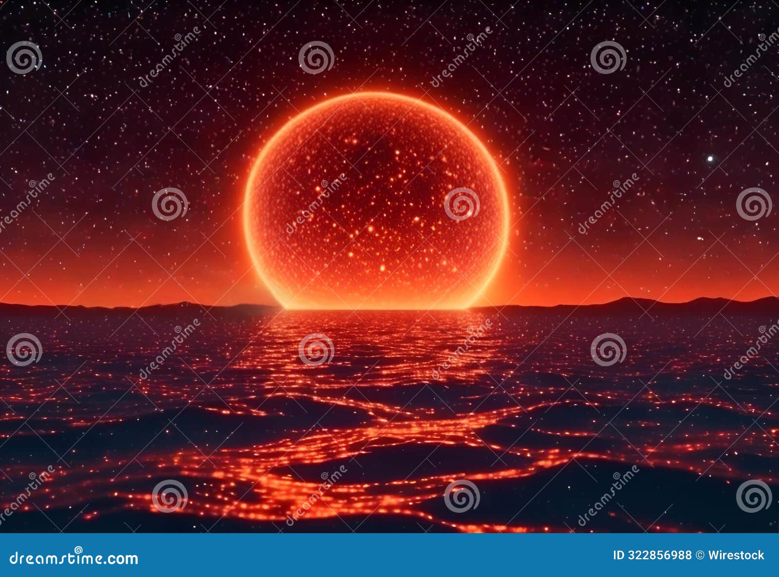 AI Generated Illustration of a Red Blood Moon Reflecting on the Water S ...