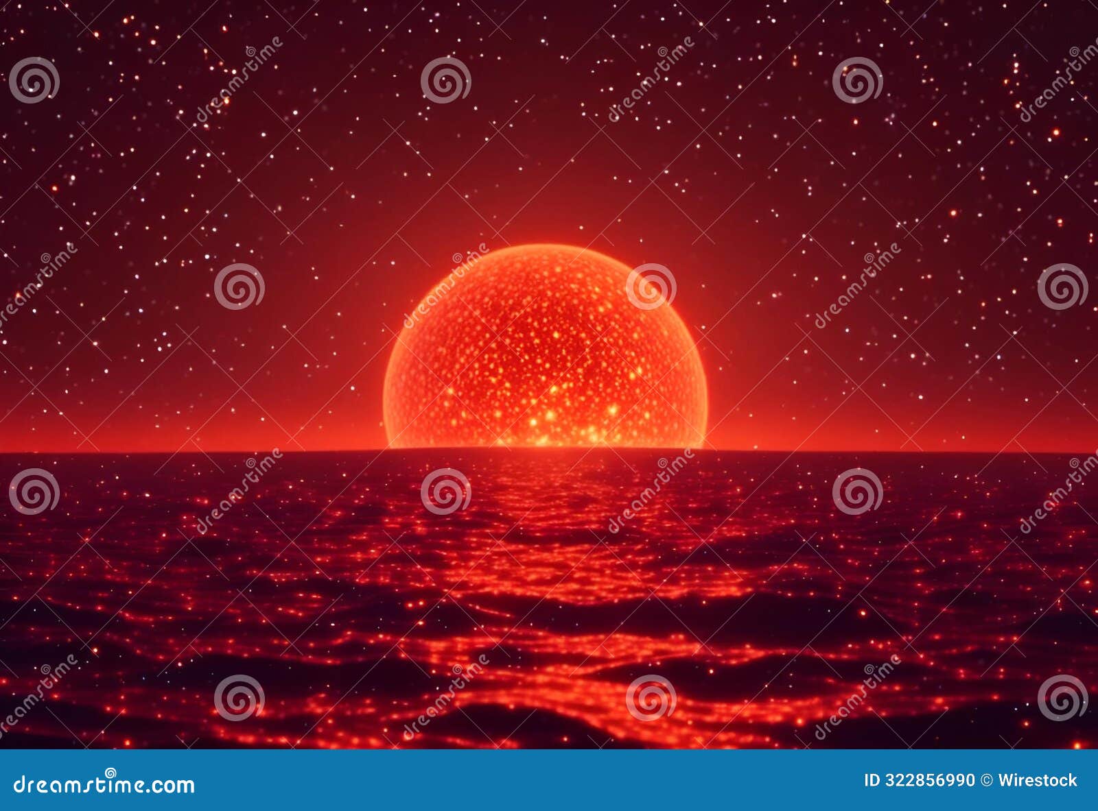 AI Generated Illustration of a Red Blood Moon Reflecting on the Water S ...