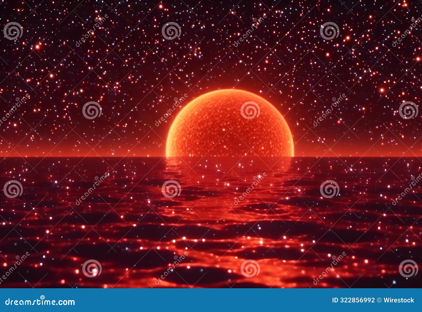 AI Generated Illustration of a Red Blood Moon Reflecting on the Water S ...