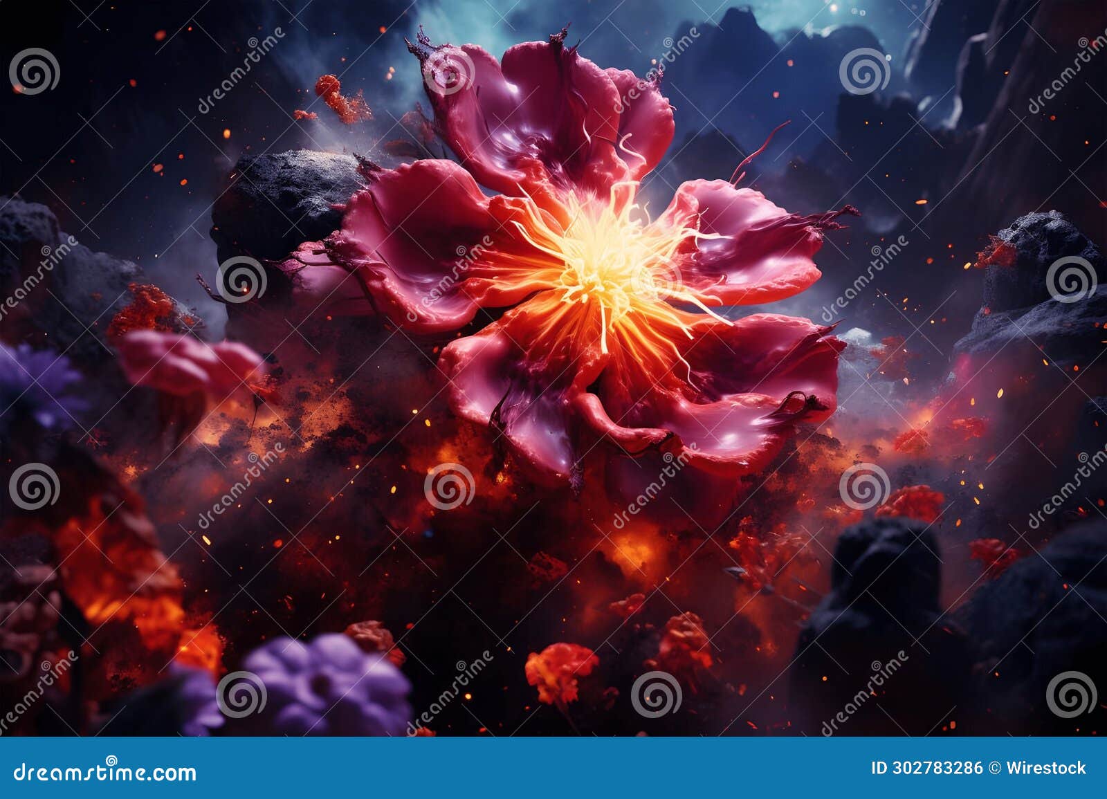 A Red Flower Exploding from an Explosion in a Black Room Stock ...