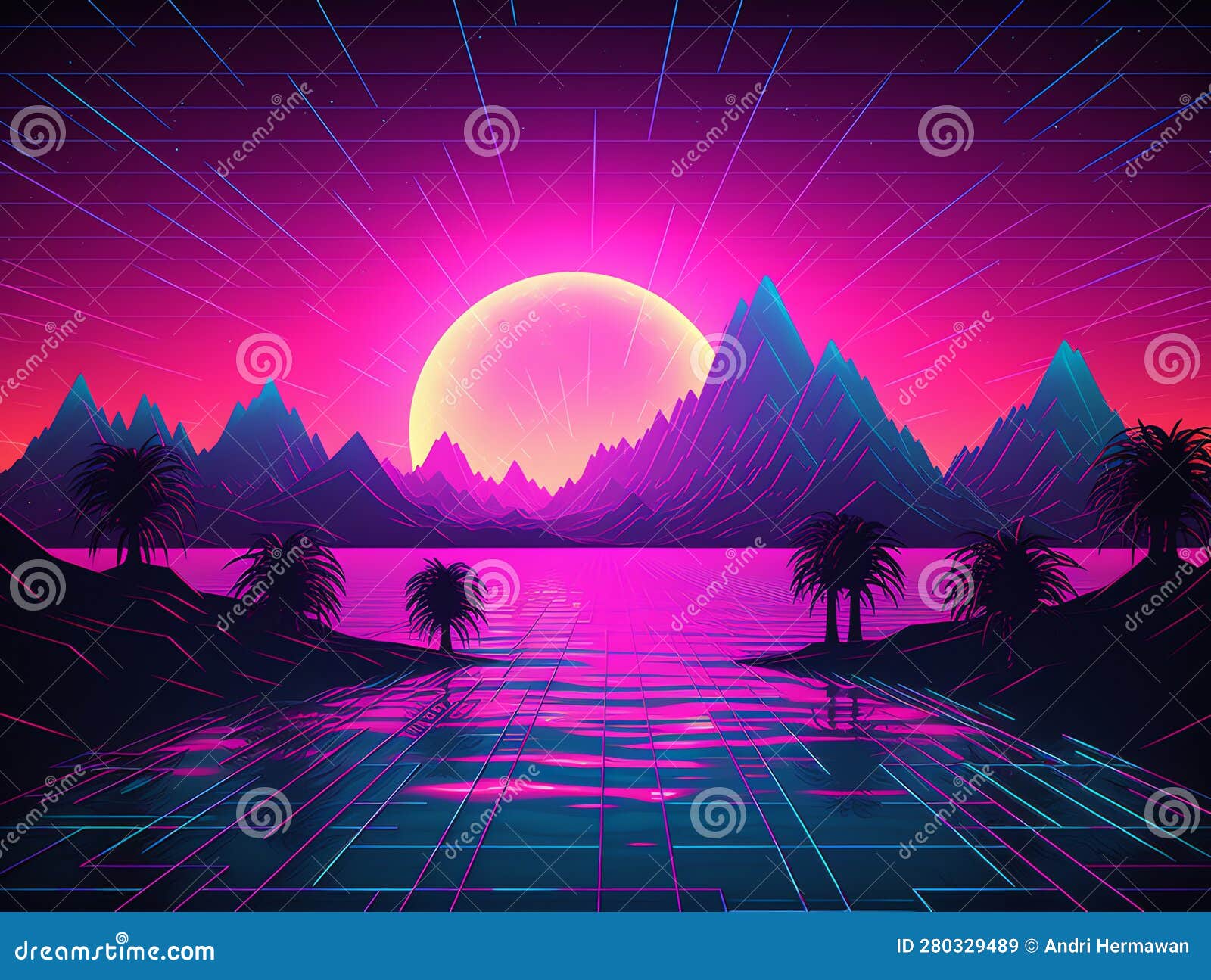 SEASIDE SUNSET with RETRO WAVE STYLE Stock Illustration - Illustration ...