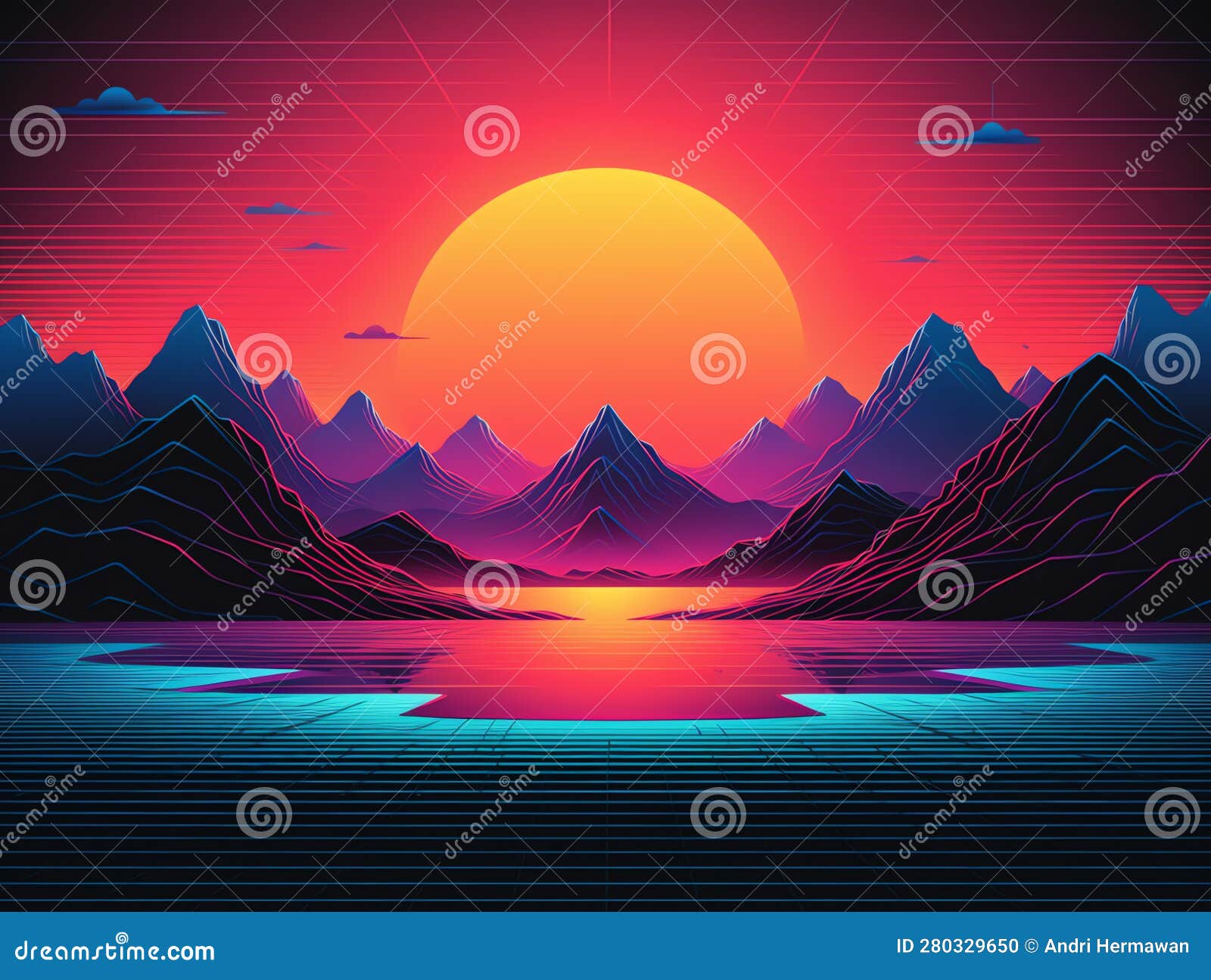 MOUNTAINS SEASIDE SUNSET with RETRO WAVE STYLE Stock Illustration ...