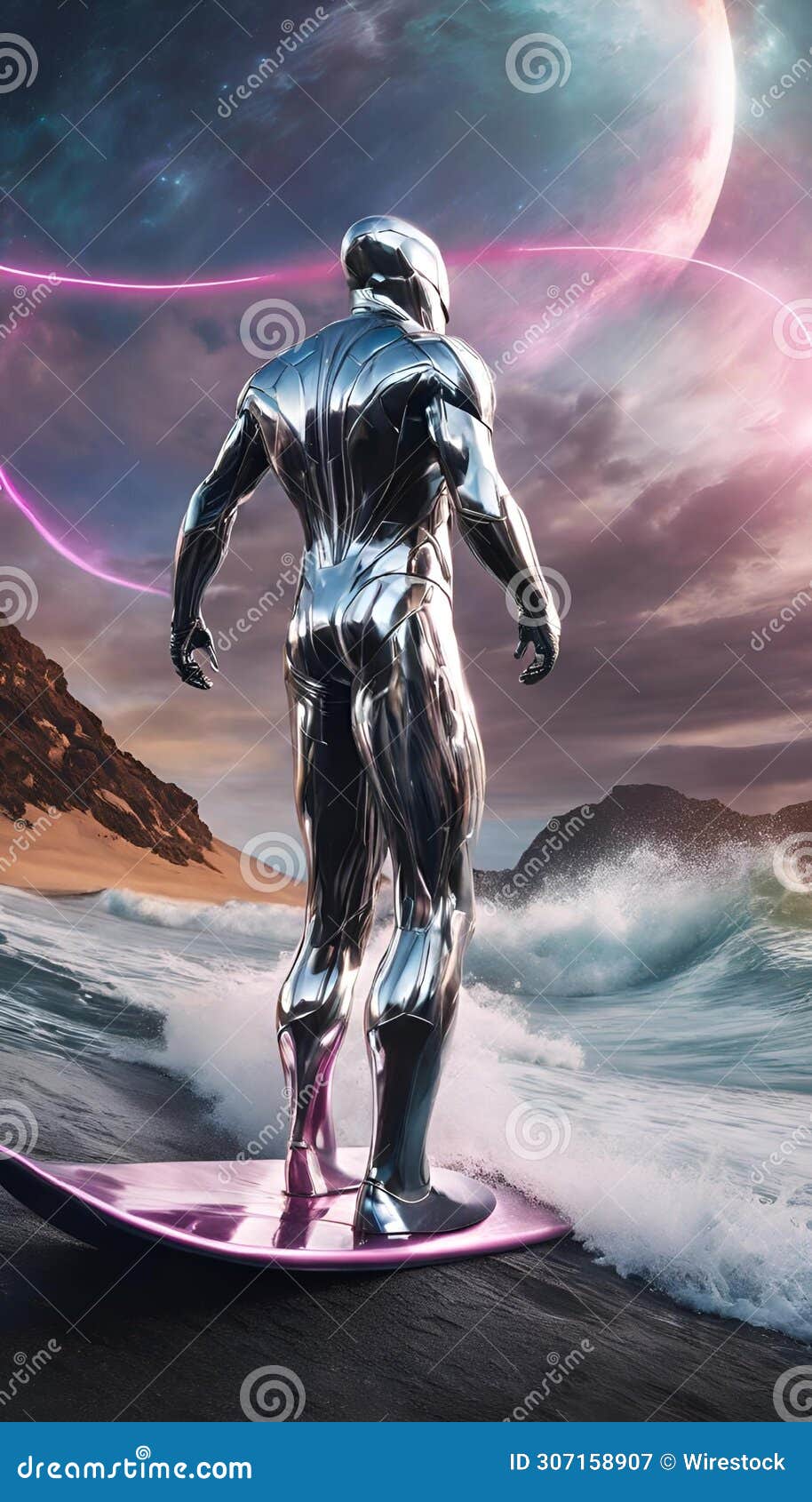 AI Generated Illustration of a Robot Surfer Gliding on Wave, with ...