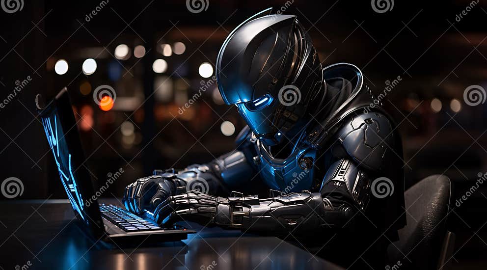 AI Generated Illustration of a Robotic Figure in Front of a Laptop ...
