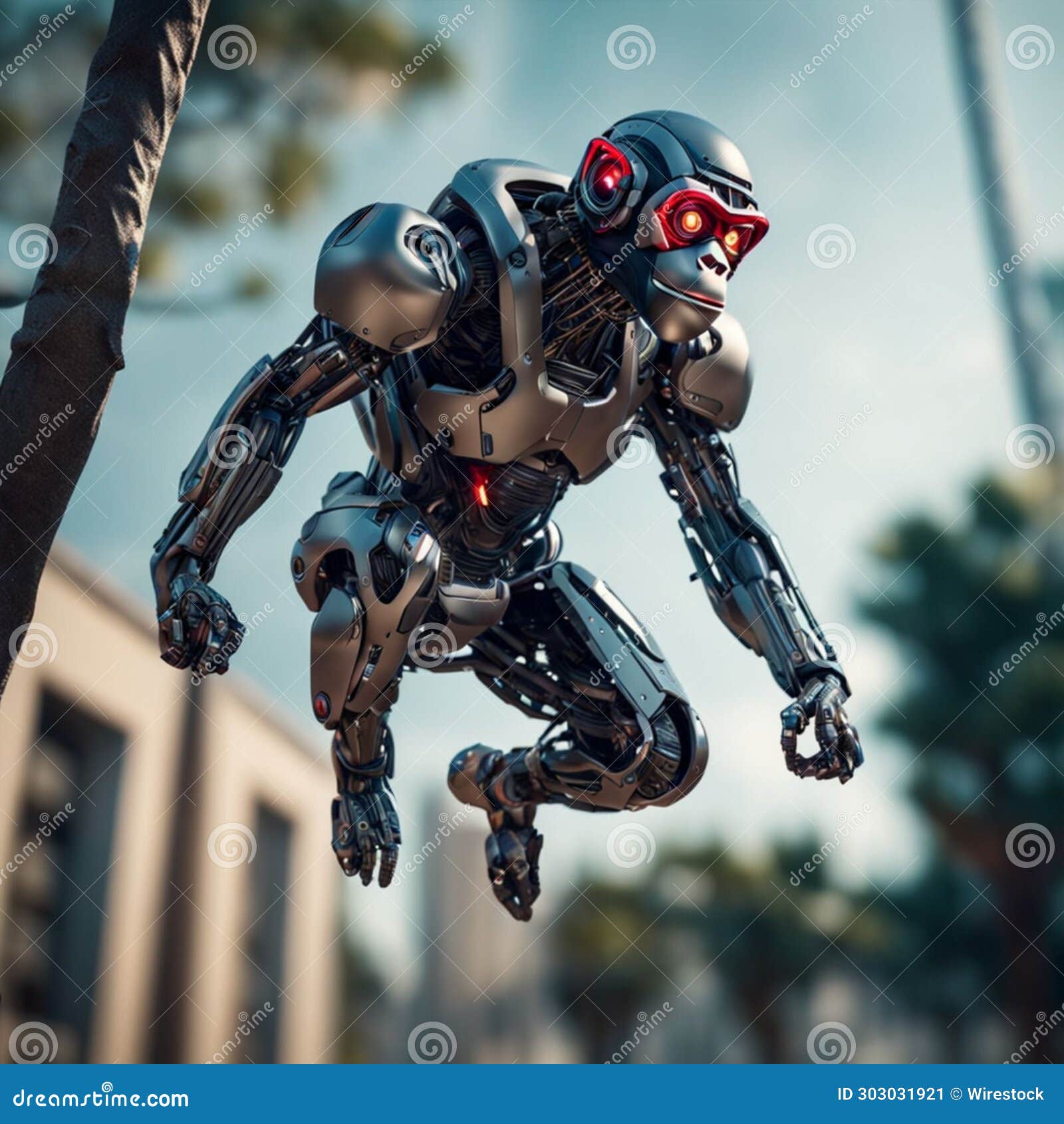 AI Generated Illustration of a Robotic Monkey Sprinting through a Lush ...