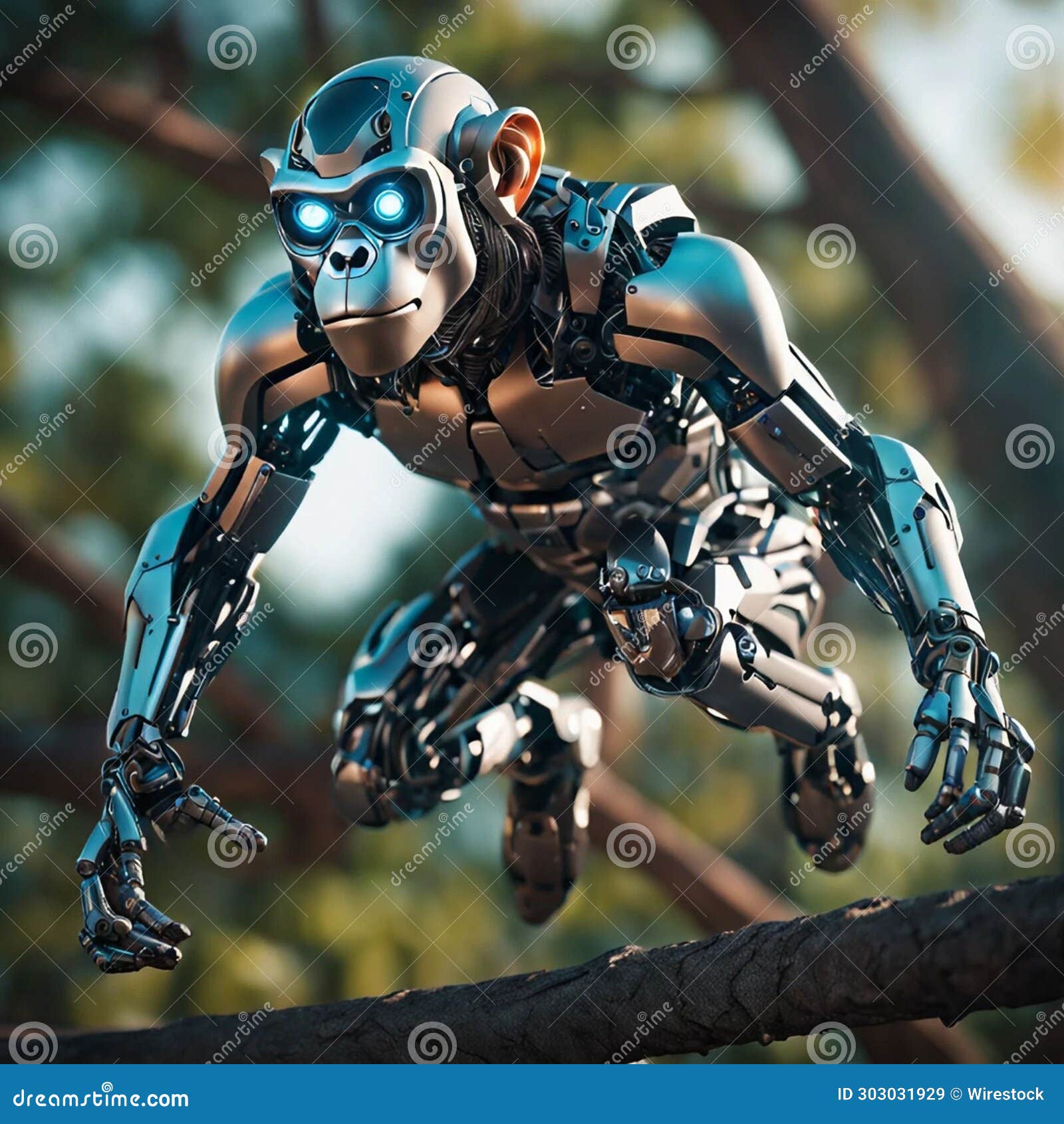 AI Generated Illustration of a Robotic Monkey Sprinting through a Lush ...