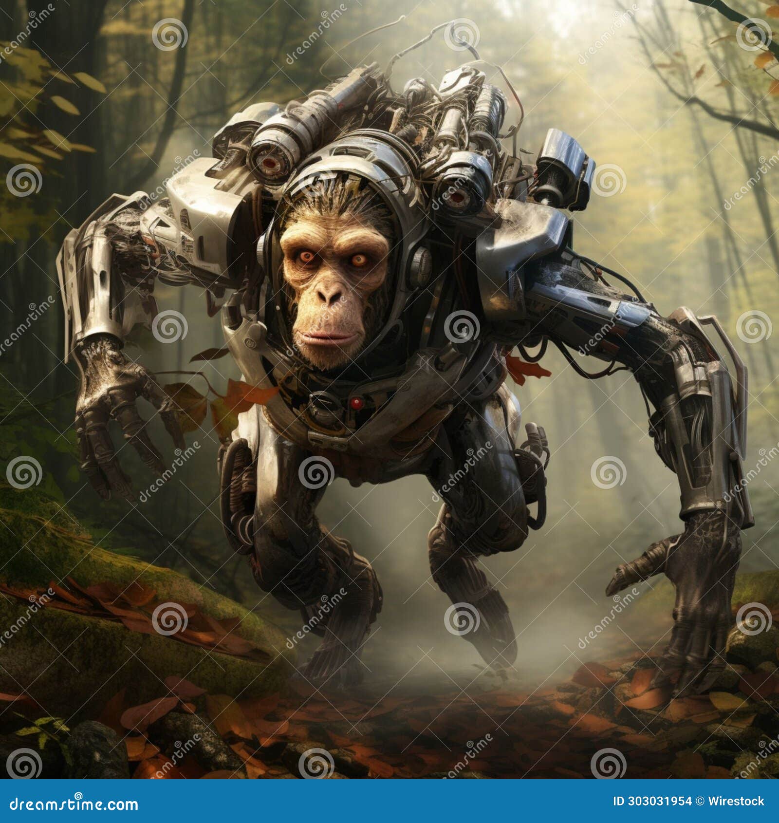AI Generated Illustration of a Robotic Monkey Sprinting through a Lush ...