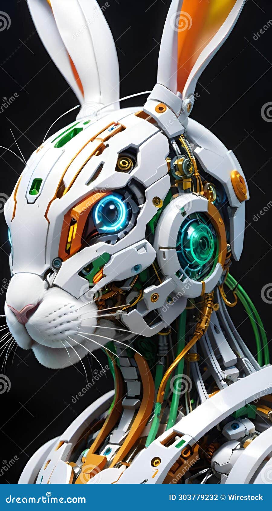 AI Generated Illustration of a Robotic Rabbit Head with Illuminated ...