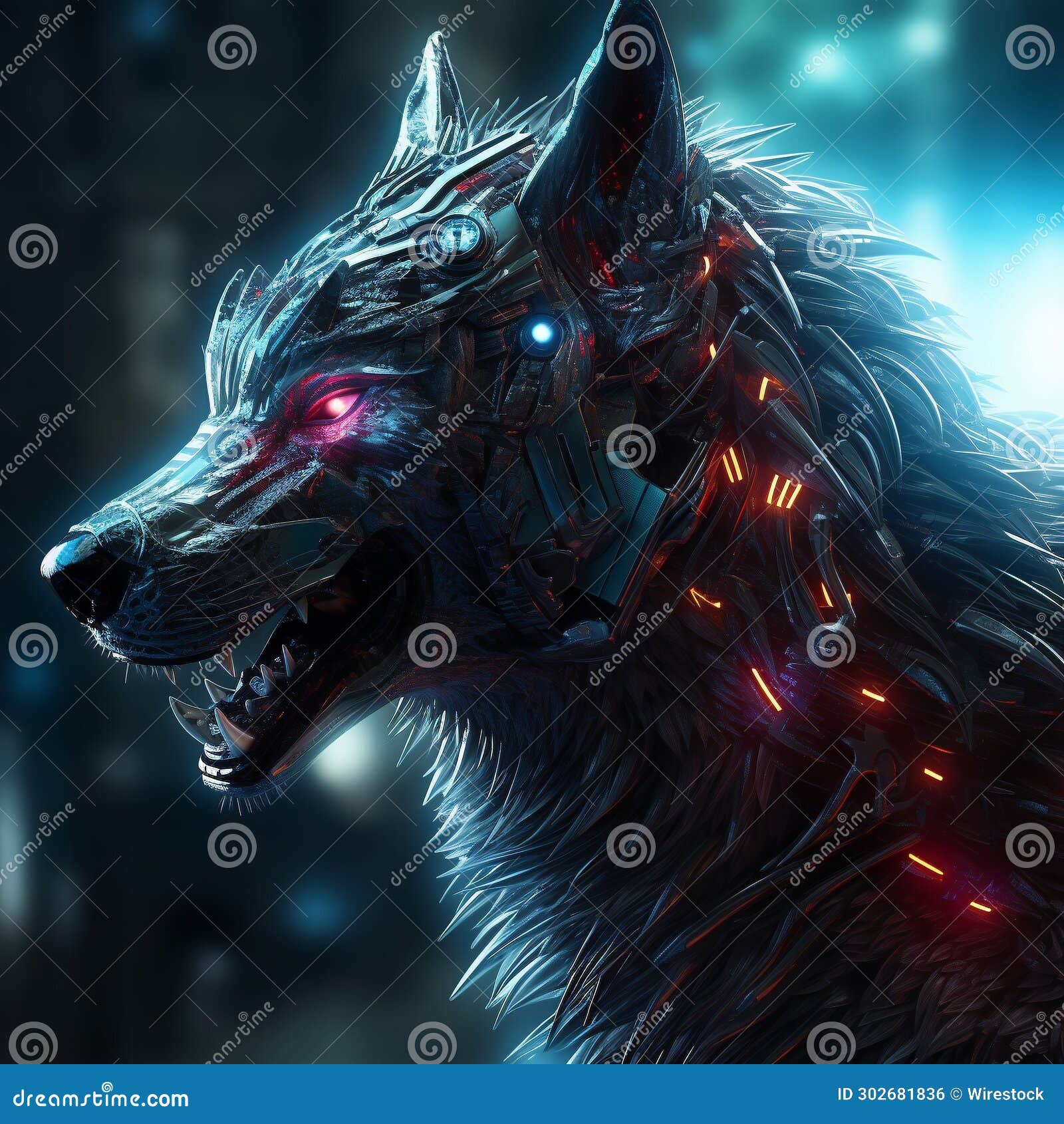 AI Generated Illustration of a Robotic Wolf with Glowing Red Eyes in ...