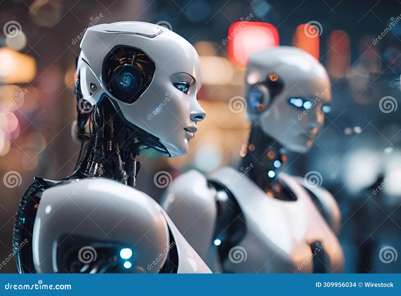 Robots Facing Away from Each Other in Front of Some Lights Stock ...