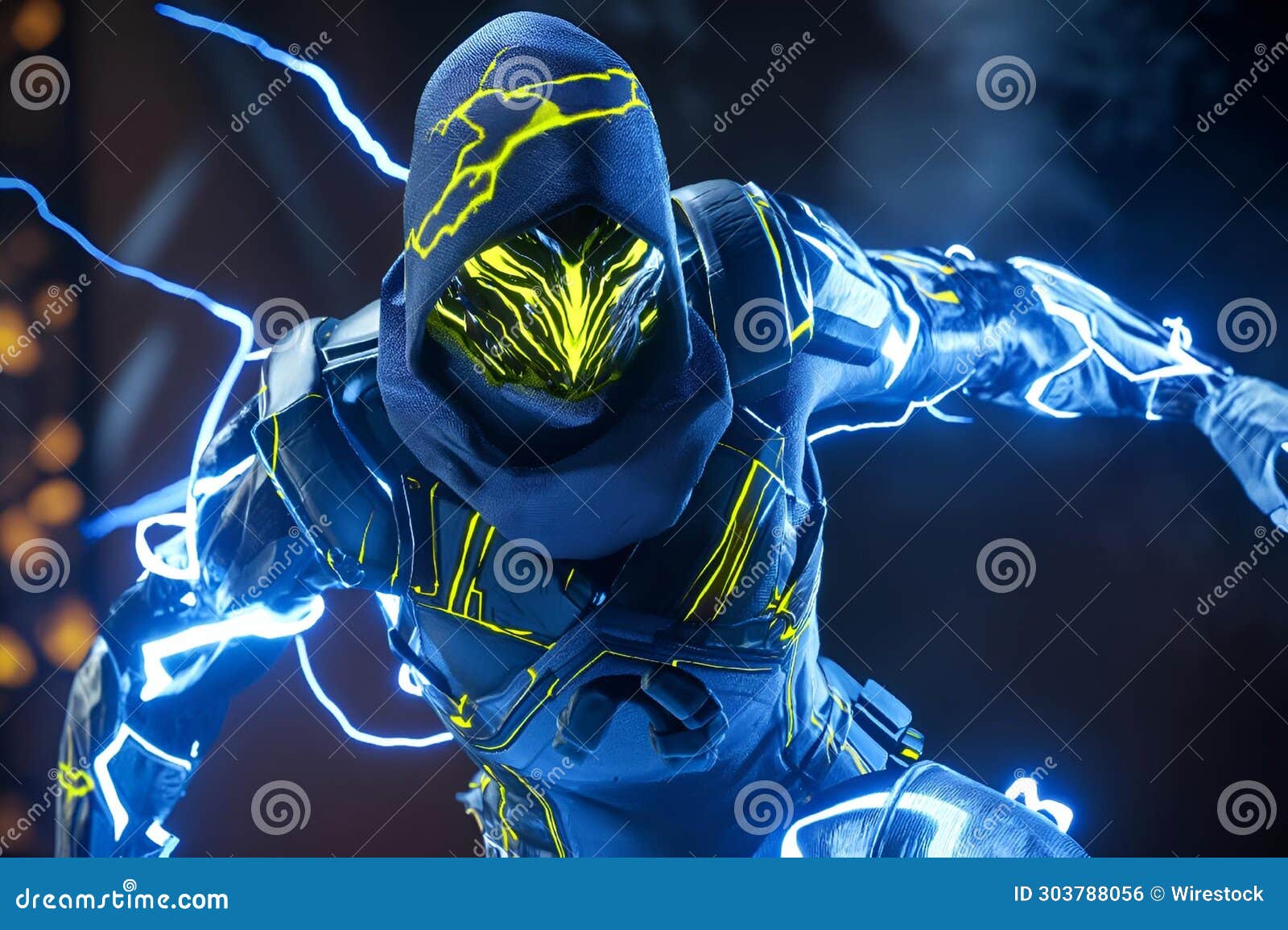 A Person in an Armor Suit Holding Lightning Sticks on a Dark Background ...