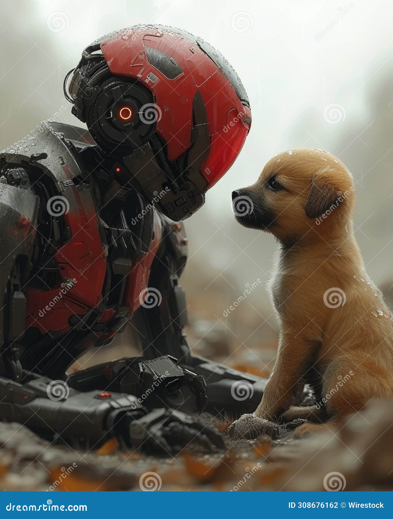 AI Generated Illustration of a Rusty Robotic Figure with a Puppy Stock ...