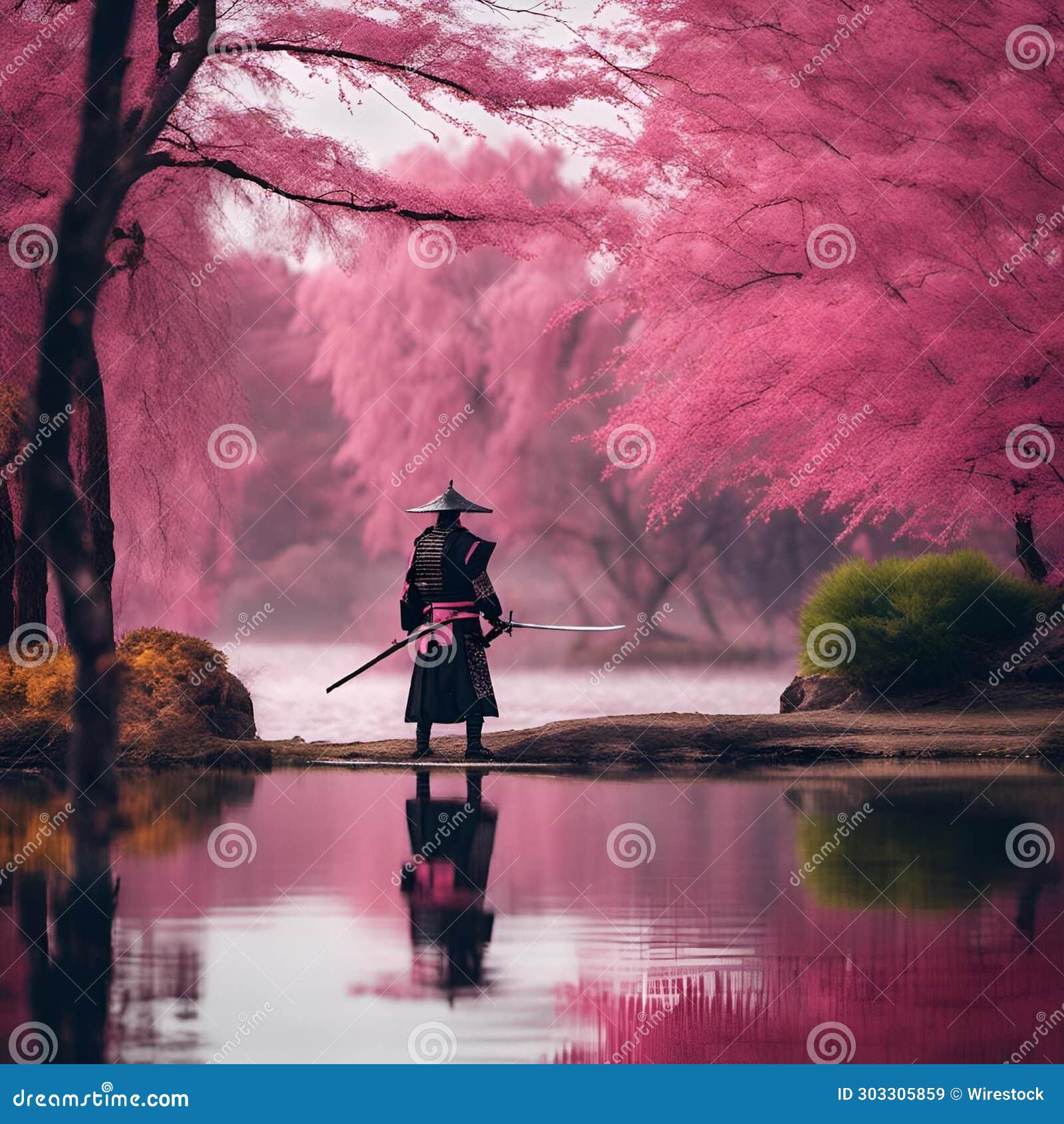 Samurai Looking Out Over a Pond at Pink Trees in Blossom Stock ...