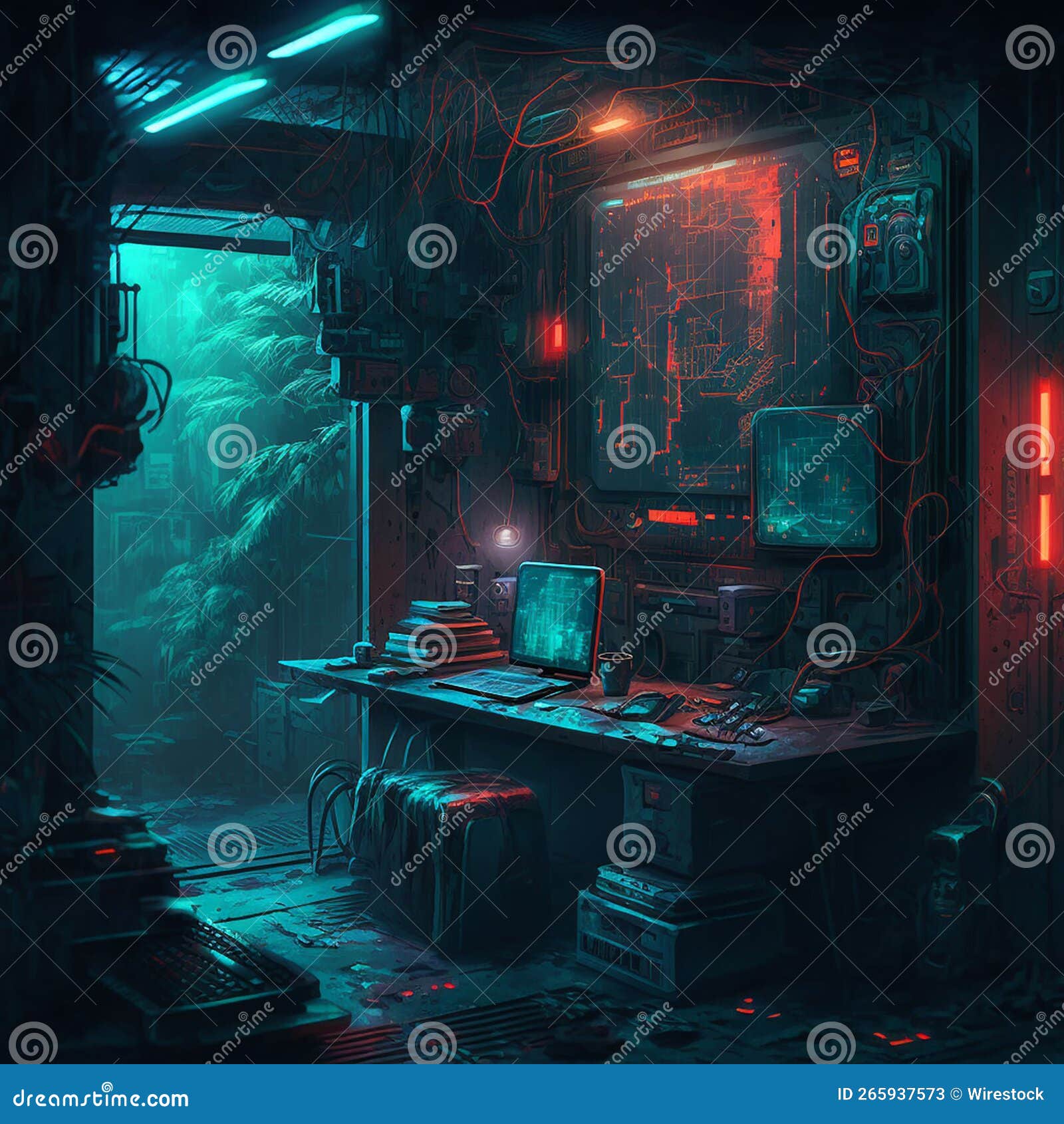 AI Generated Illustration of a Sci-fi Room with Computers Covered with ...
