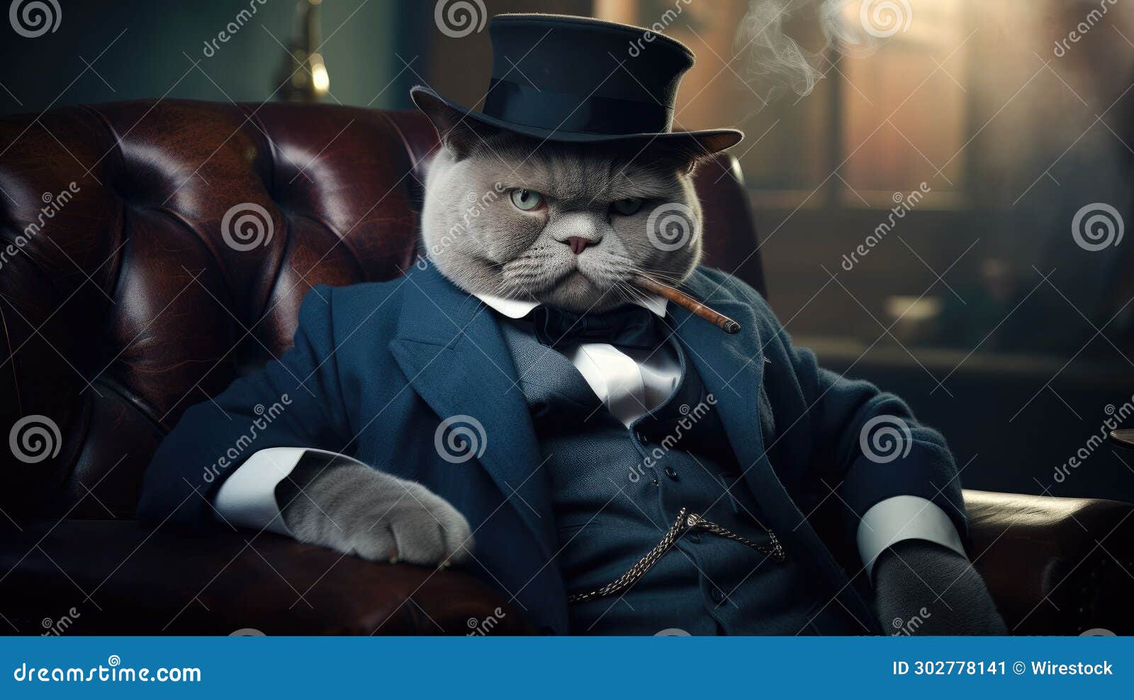 AI Generated Illustration of a Serious Gray Cat in a Suit Smoking a ...