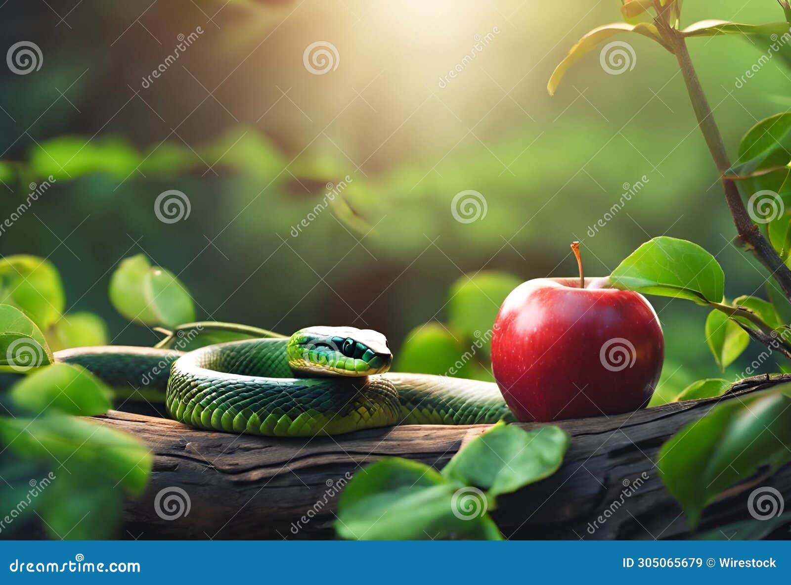 A Green Snake Eating an Apple Sitting on a Tree Branch Stock ...