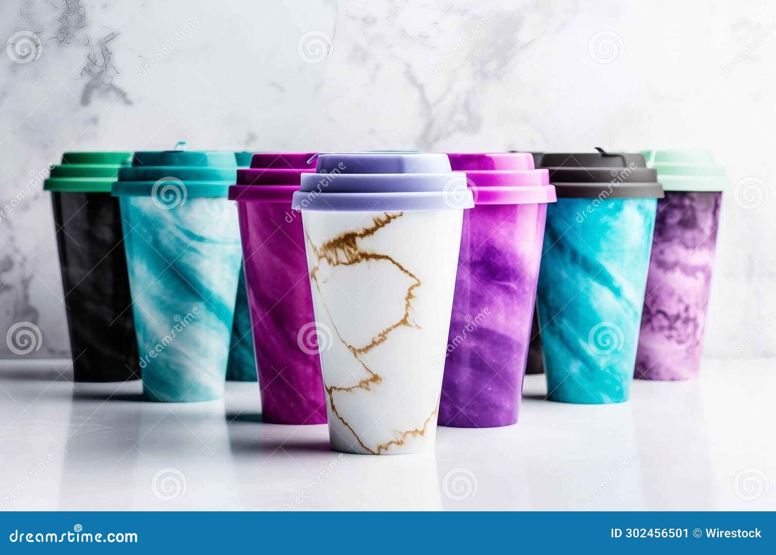 AI Generated Illustration of Seven Assorted Coffee Cups with Lids and ...