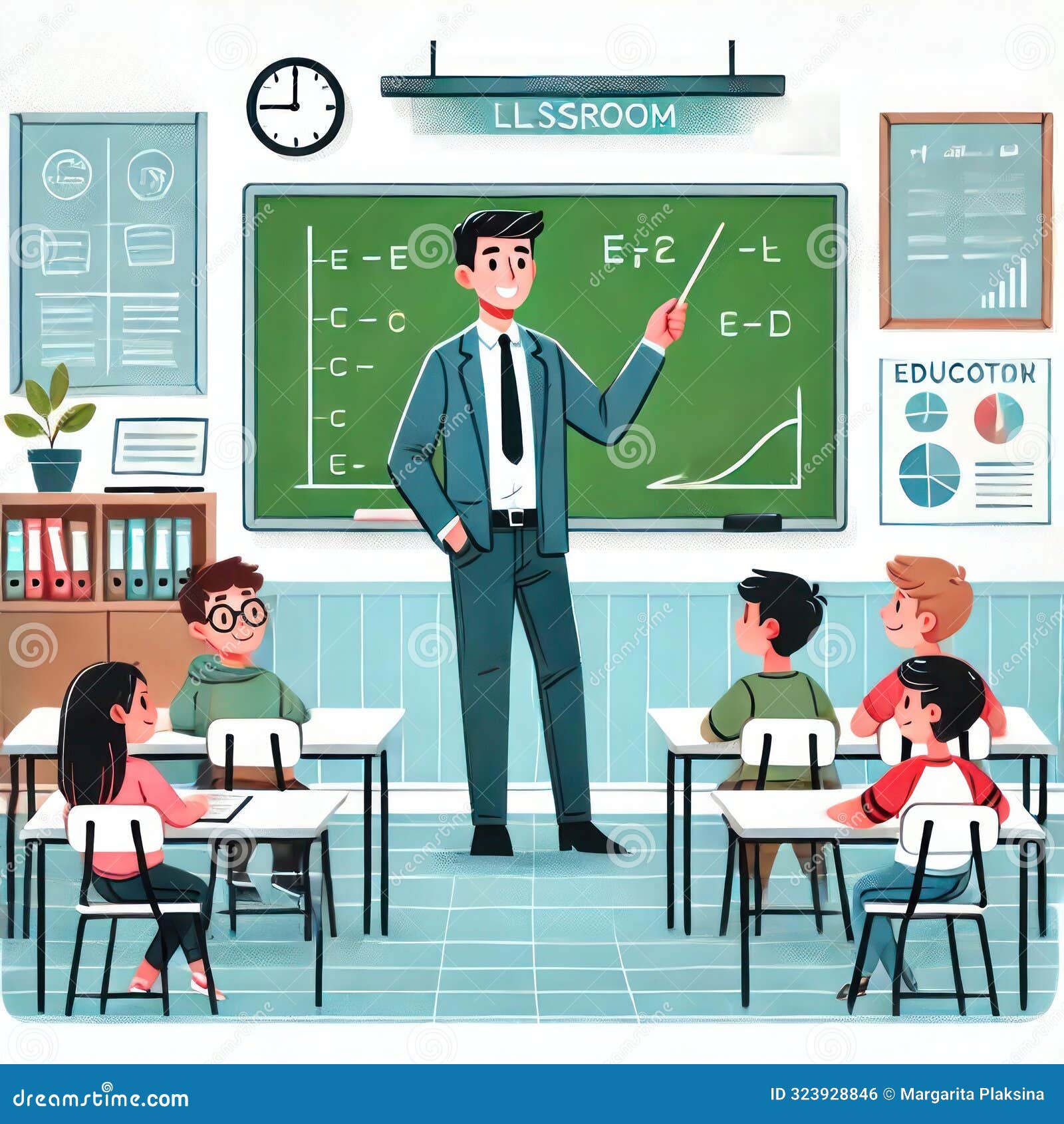 Teacher Engaging Students In Classroom Setting With Blackboard And ...