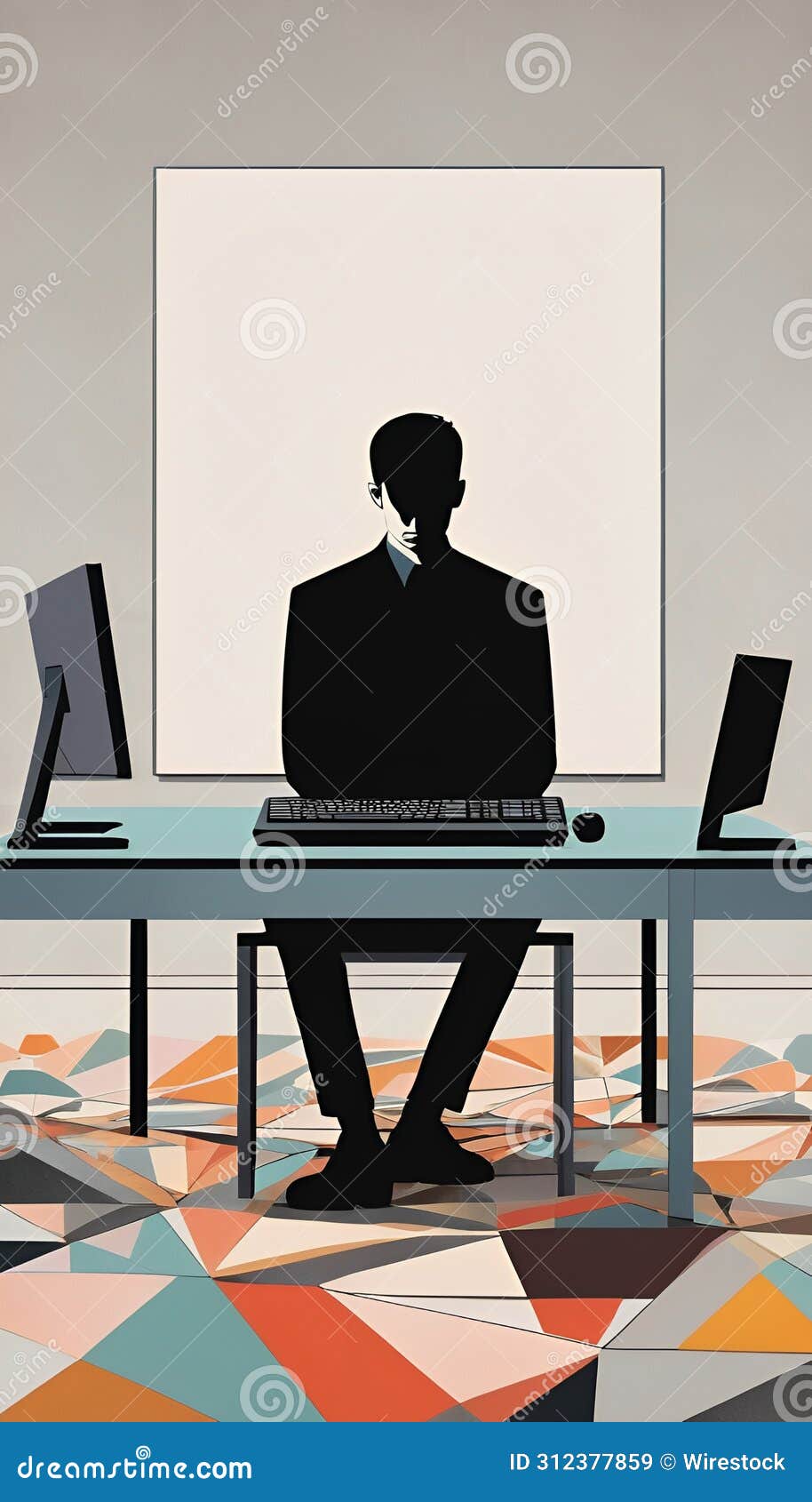 Silhouette of Man Using Computer at Desk with Low Light in Office, Eps ...