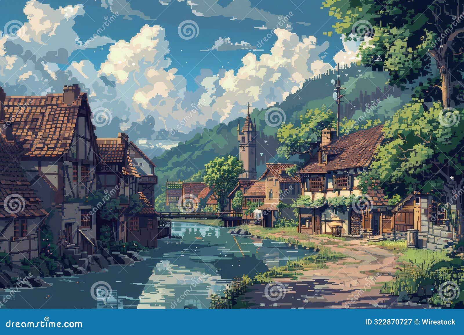 2d Pixel Art Of Medieval Market, Medieval Town, Blue Sky, Game Art ...
