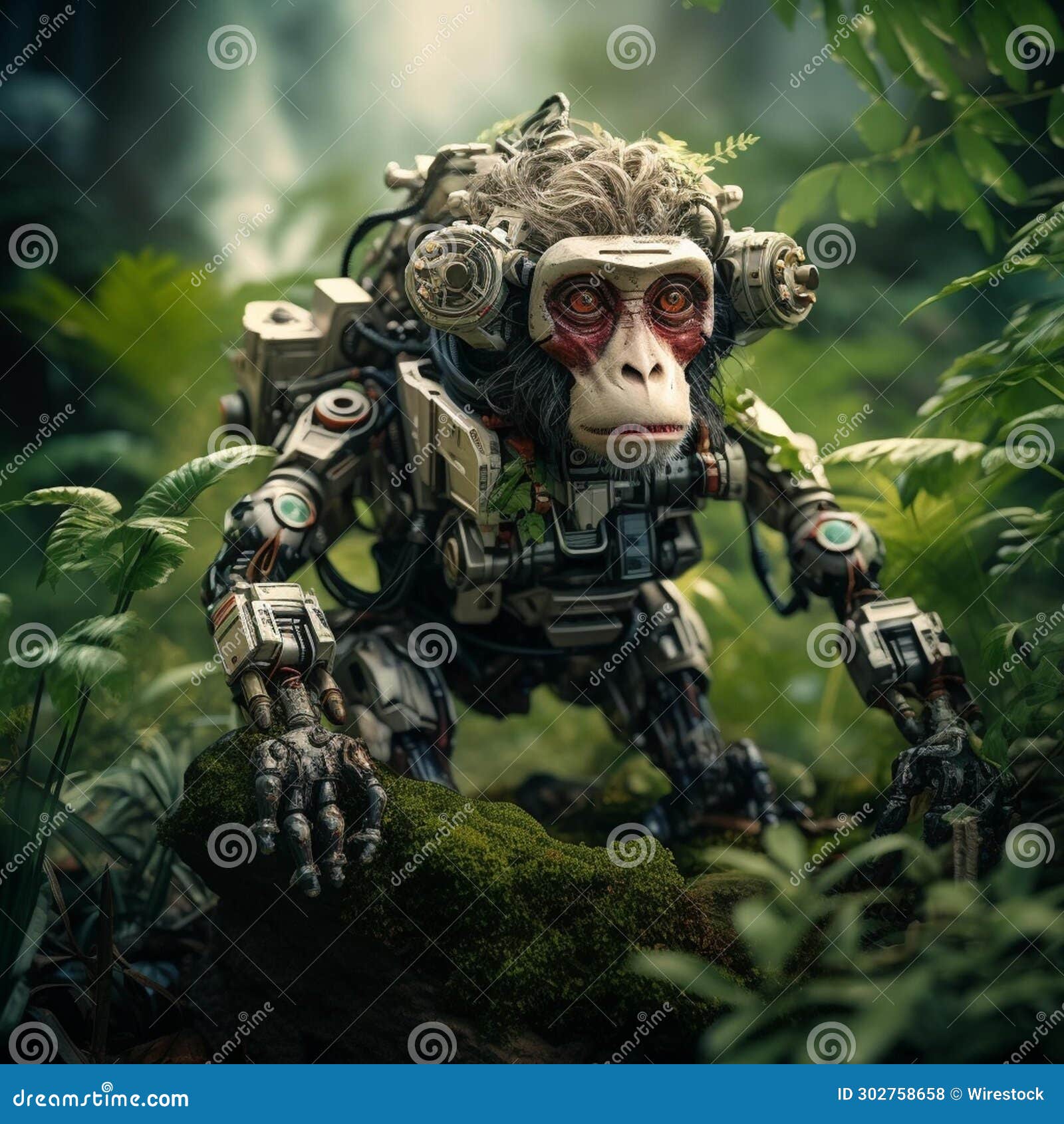 AI Generated Illustration of a Small Robotic Monkey in a Lush Green ...