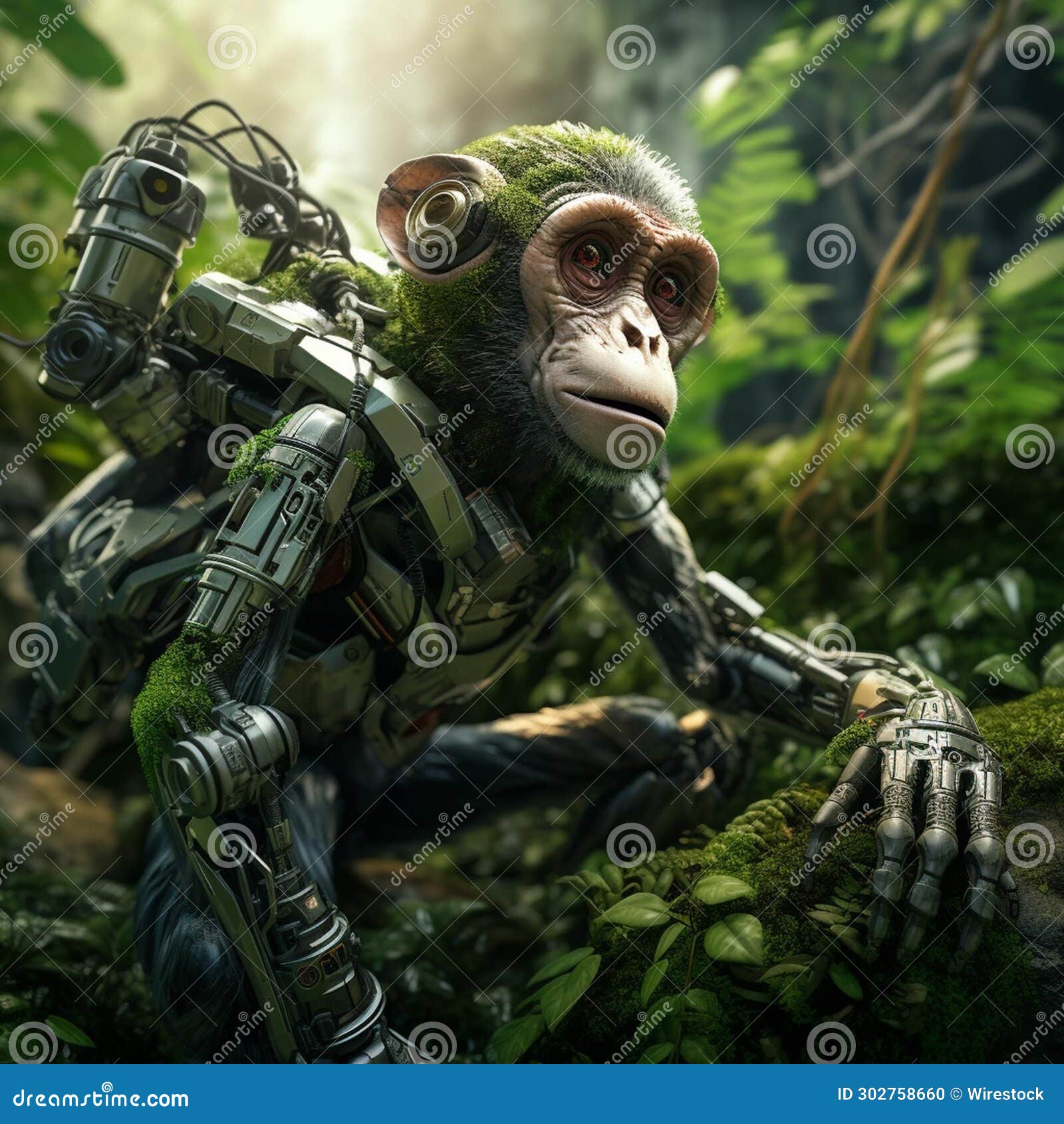 AI Generated Illustration of a Small Robotic Monkey in a Lush Green ...
