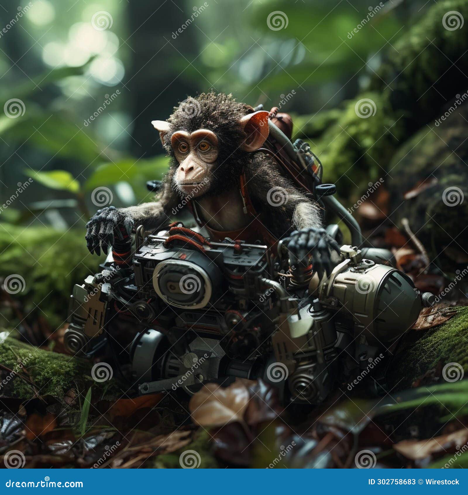 AI Generated Illustration of a Small Robotic Monkey in a Lush Green ...