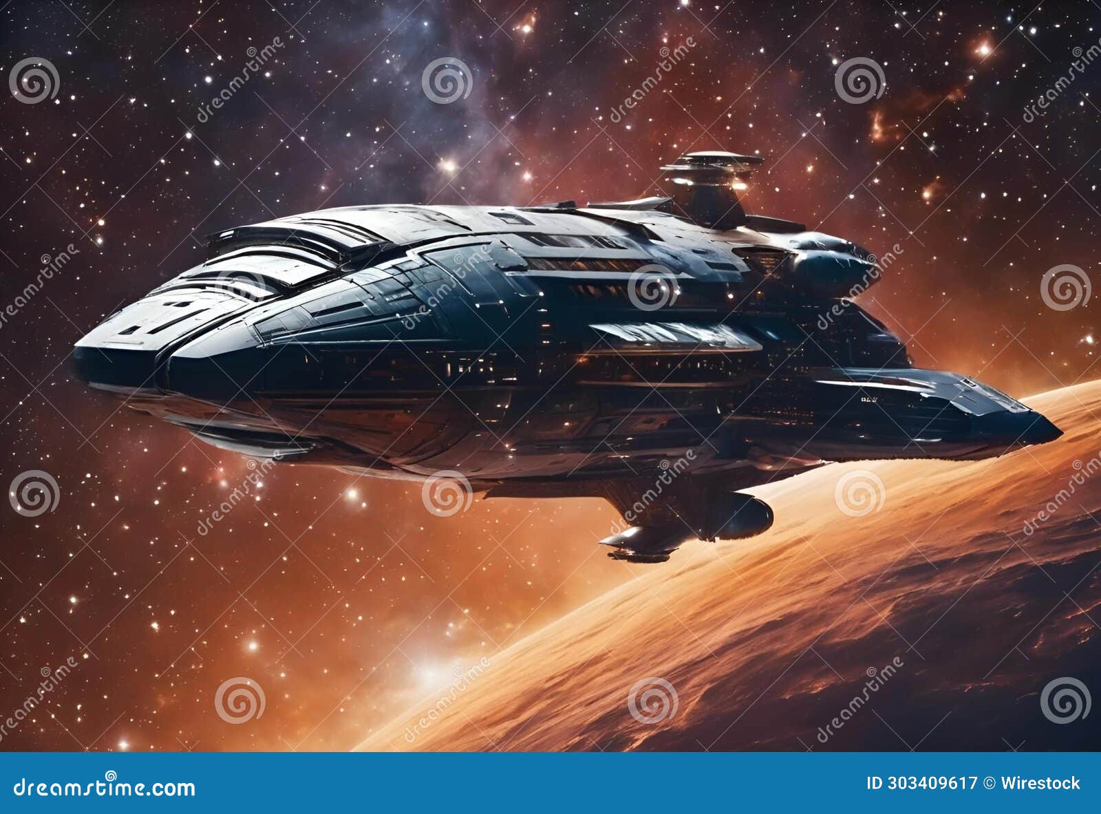 AI Generated Illustration of a Spacecraft Floating in Outer Space in Front of a Bright Red Star ...