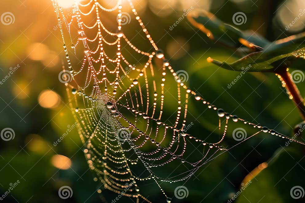 Ai Generated Illustration Of A Spider Web With Dew Drops Hanging From