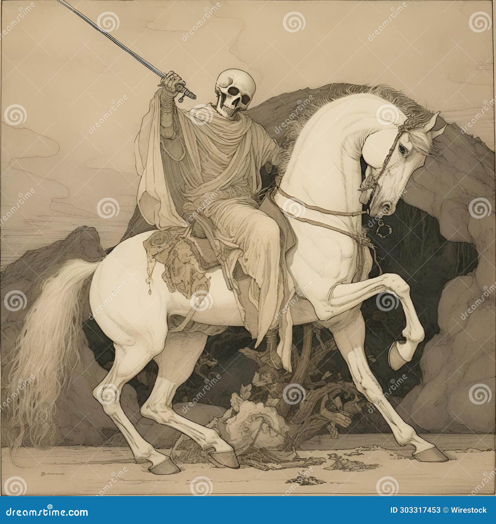 AI Generated Illustration of a Spooky Skeleton Joyfully Riding a White ...