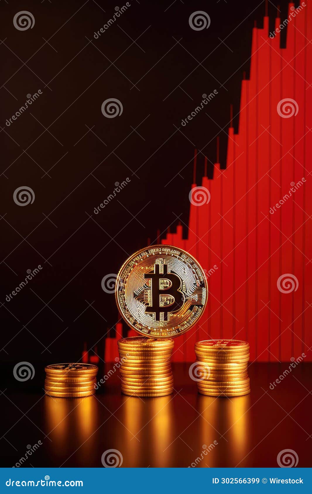 AI Generated Illustration of a Stack of Gold Bitcoins Topped with a Red ...