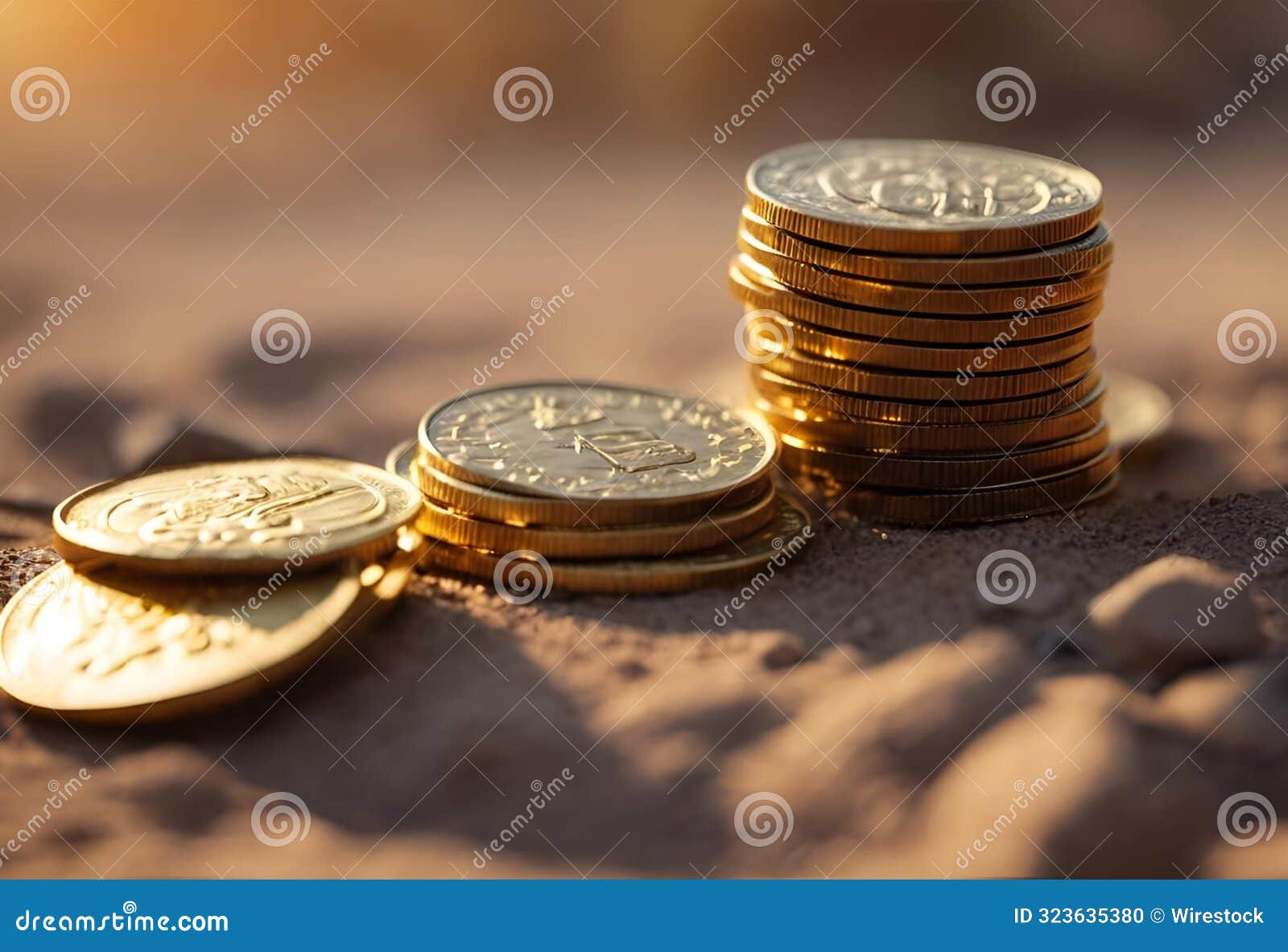 AI-generated Illustration of Stacks of Gold Coins on a Sandy Surface ...