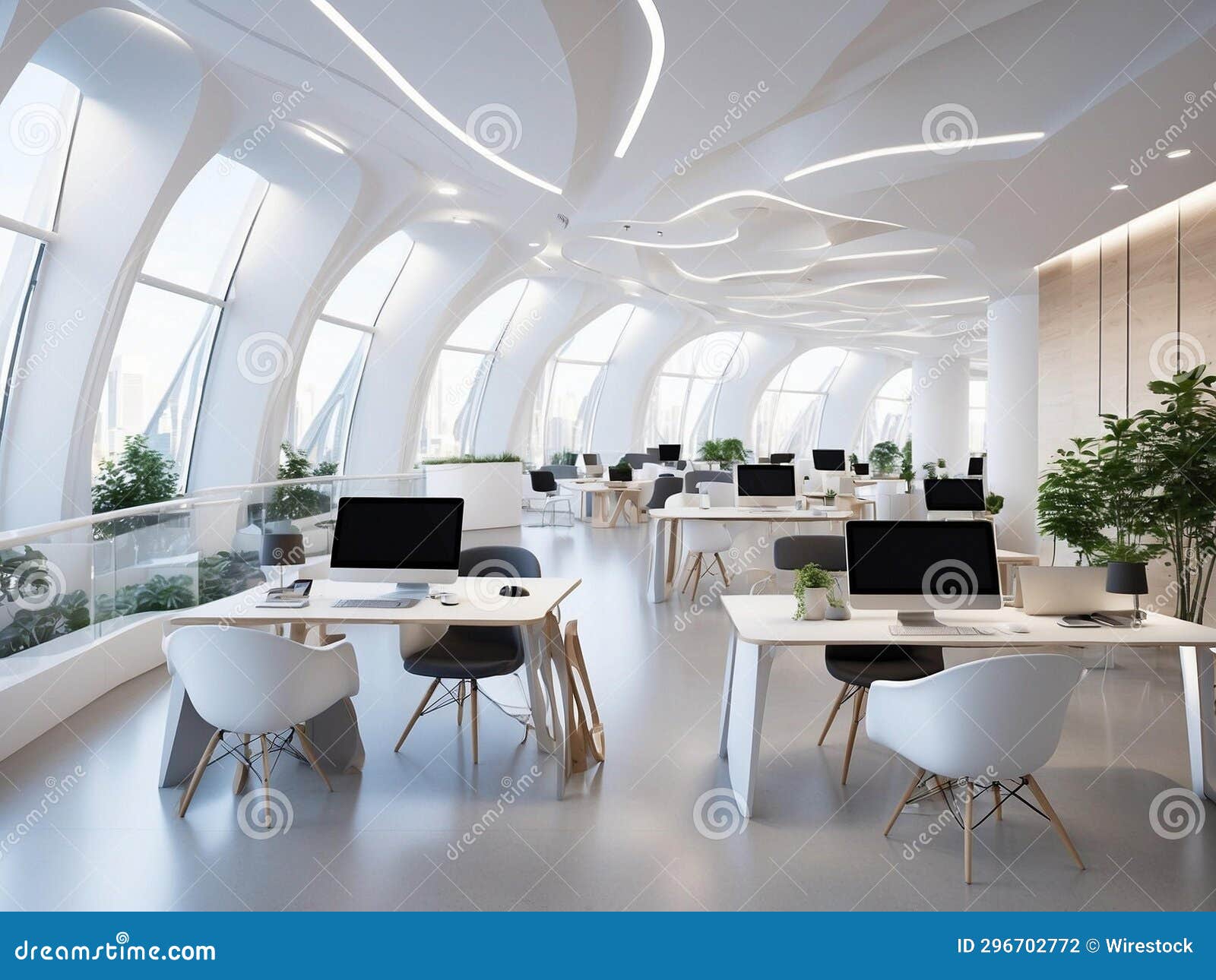 There is an Empty Computer Desk in this Office Building Setting Stock ...