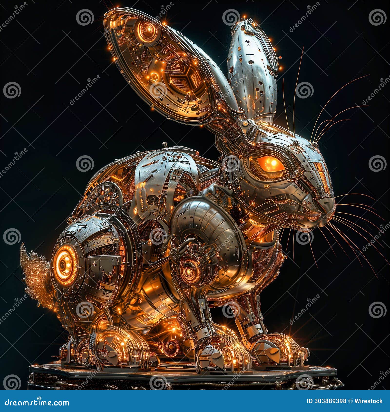 A Metal Rabbit Statue with Glowing Eyes Sitting in the Dark Stock ...