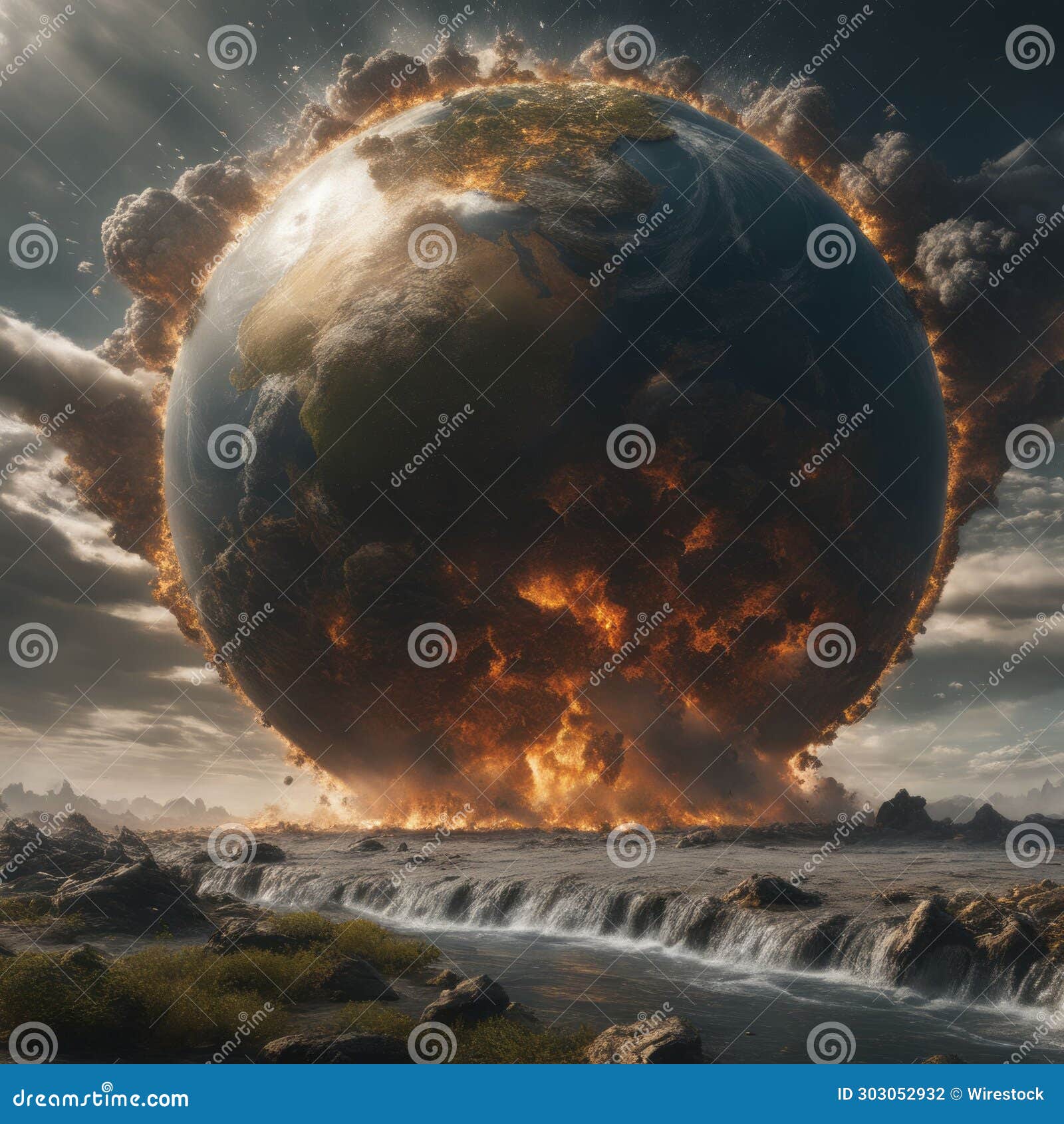 The Earth Exploding Up in Fire Over Water and Rocks Stock Illustration ...