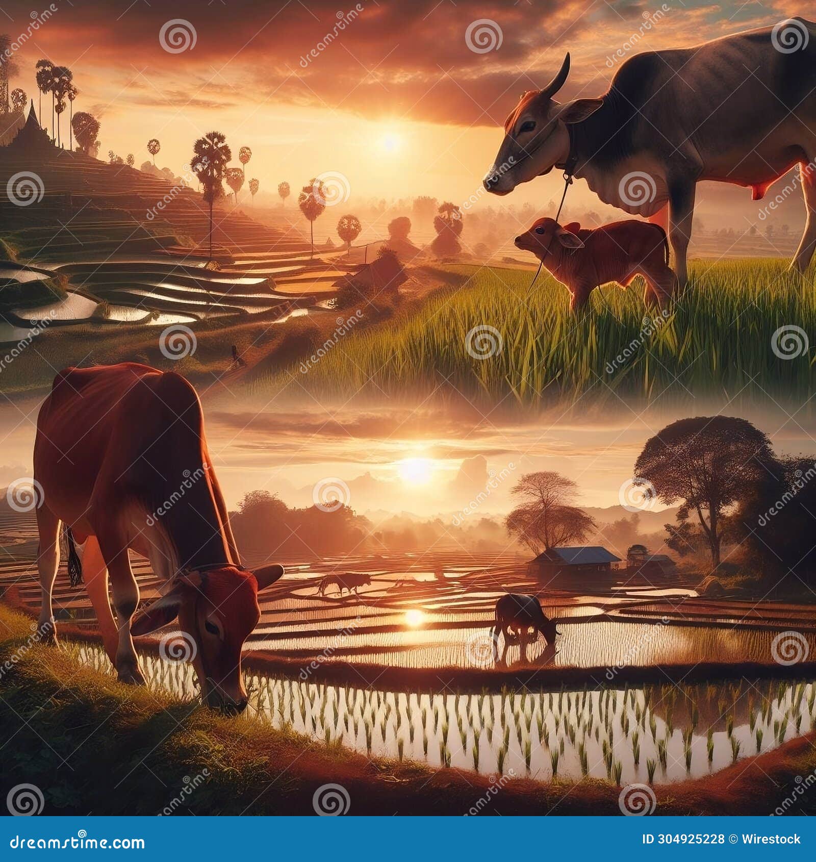 AI Generated Illustration of Sunset on Paddy Field Stock Photo - Image ...