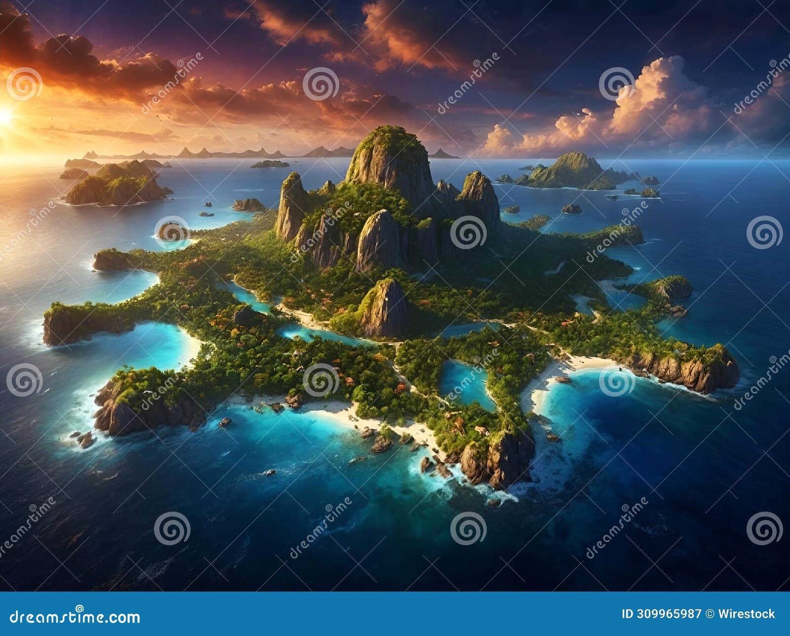 AI Generated Illustration of a Sunset View of an Island with Multiple ...