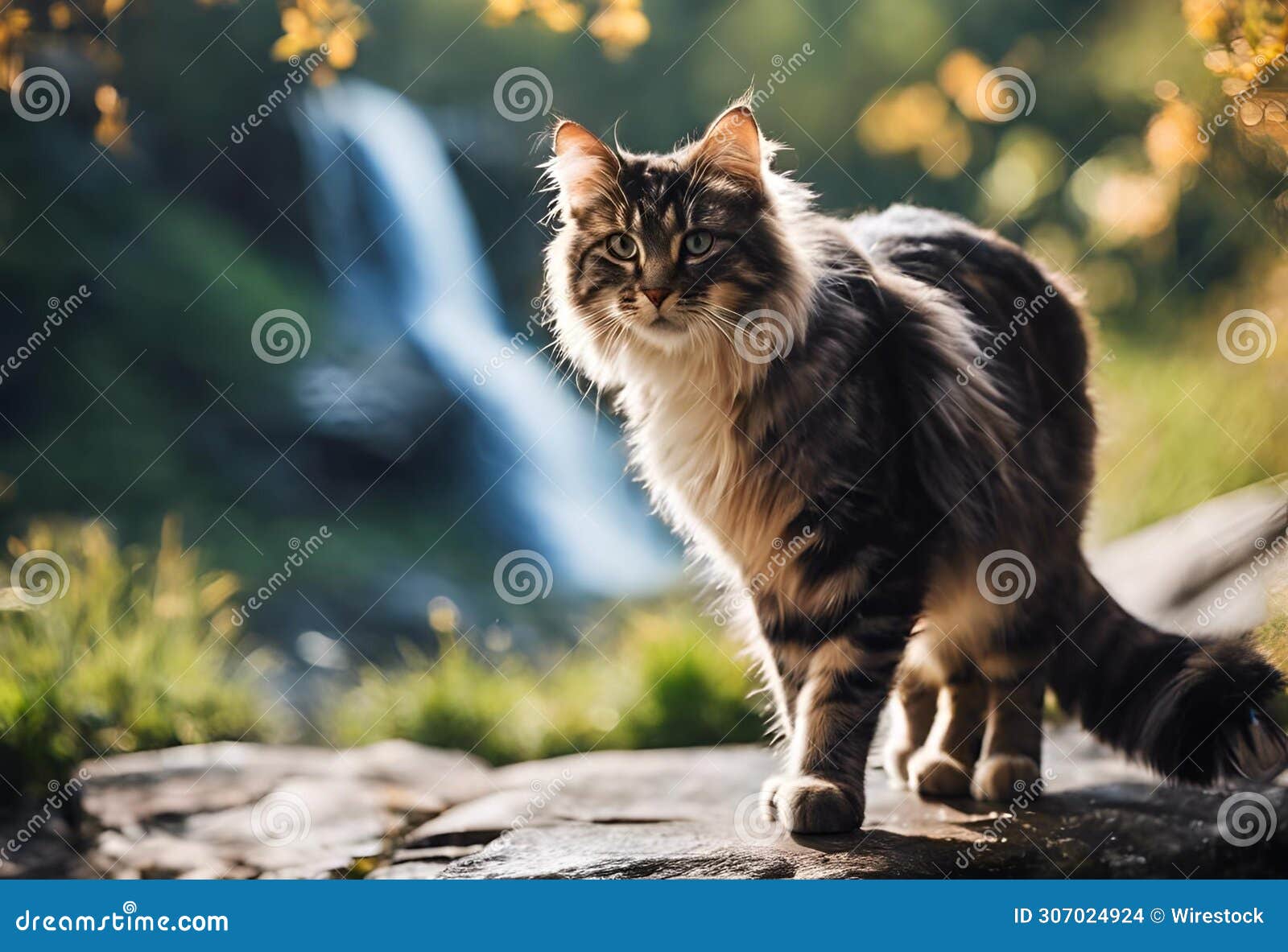 AI Generated Illustration of a Tabby Cat Sitting on Rock with Waterfall ...