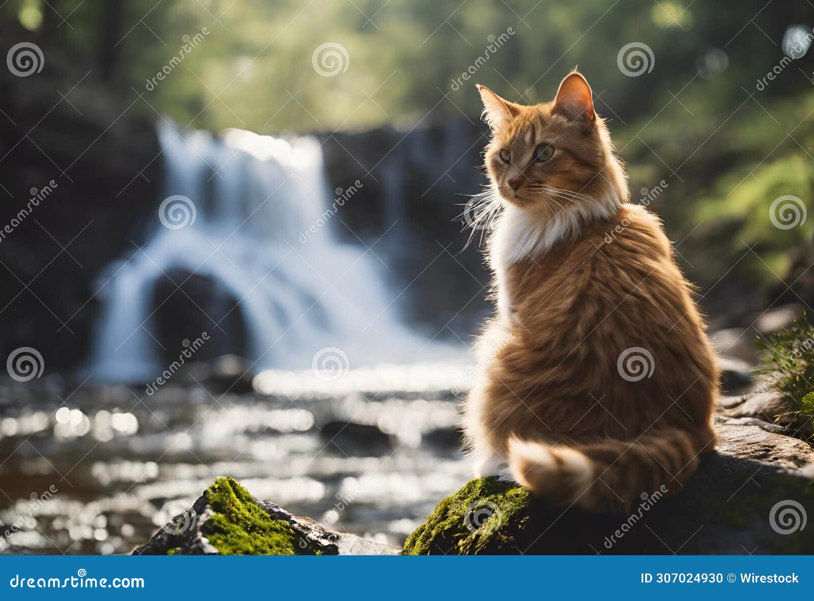 AI Generated Illustration of a Tabby Cat Sitting on Rock with Waterfall ...