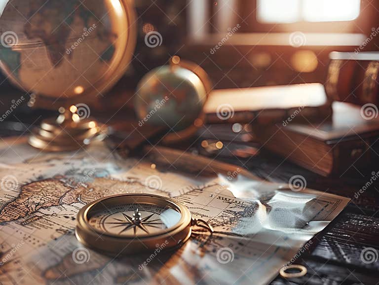 A Vintage Compass and Weathered Map on a Rustic Wooden Table. Stock ...
